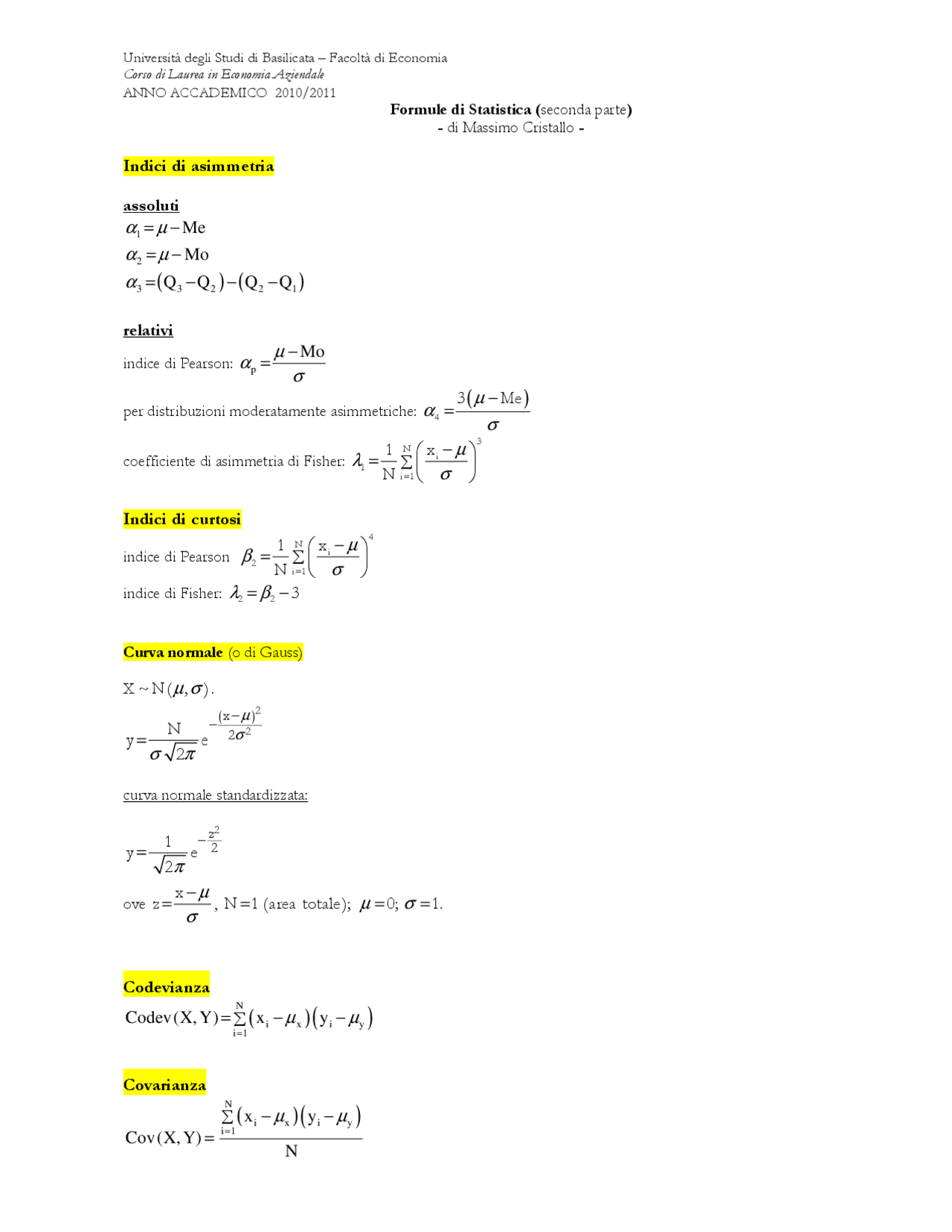 Formule di Statistica /Economia aziendale pt.2 - Docsity