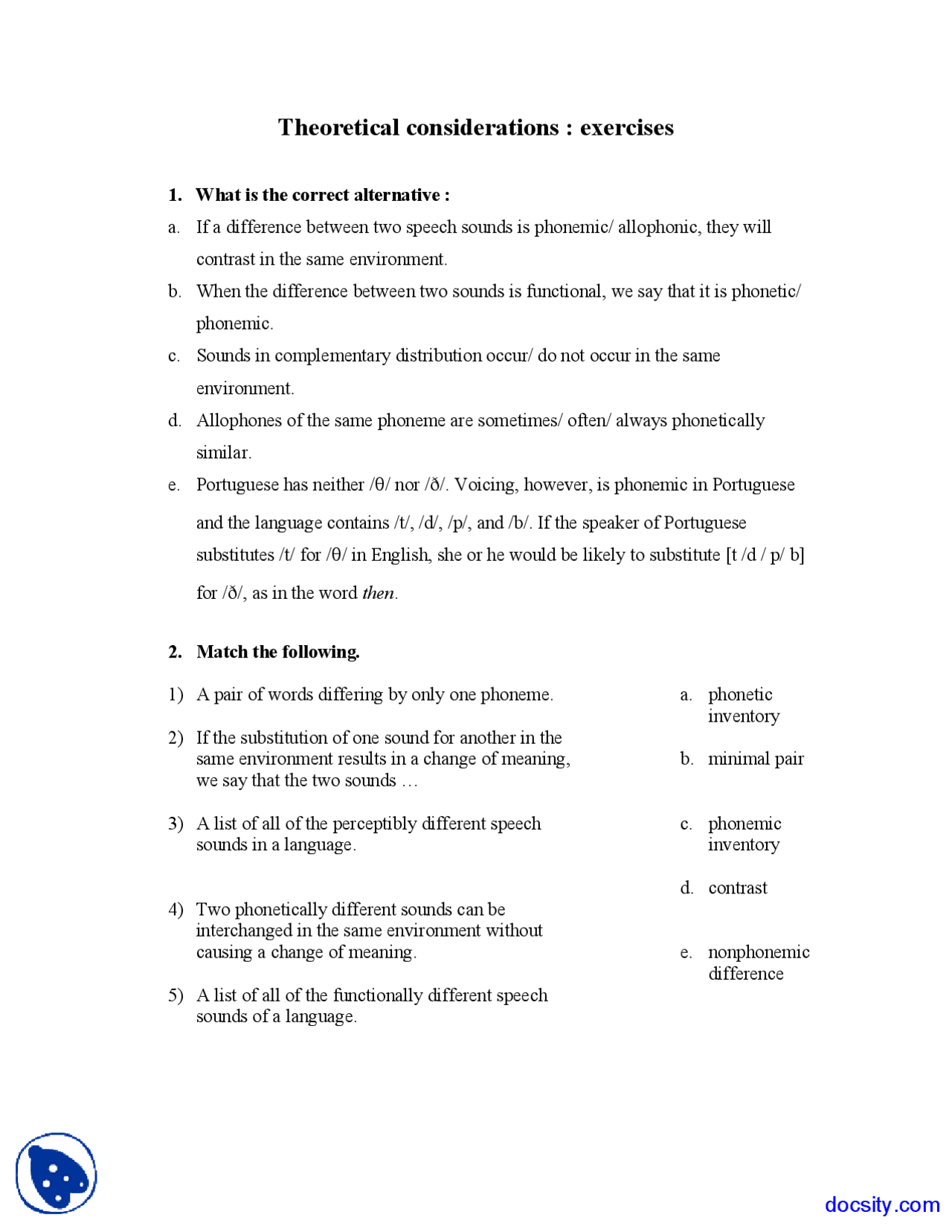 Theoretical Considerations Introduction To Phonetics Exercise Docsity