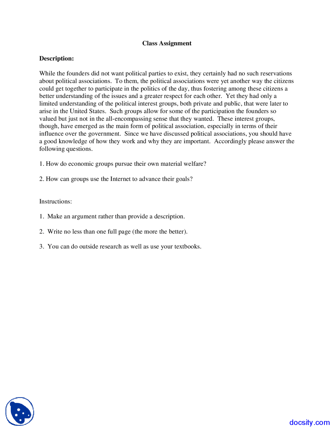 Political Parties - American Government - Assignment - Docsity