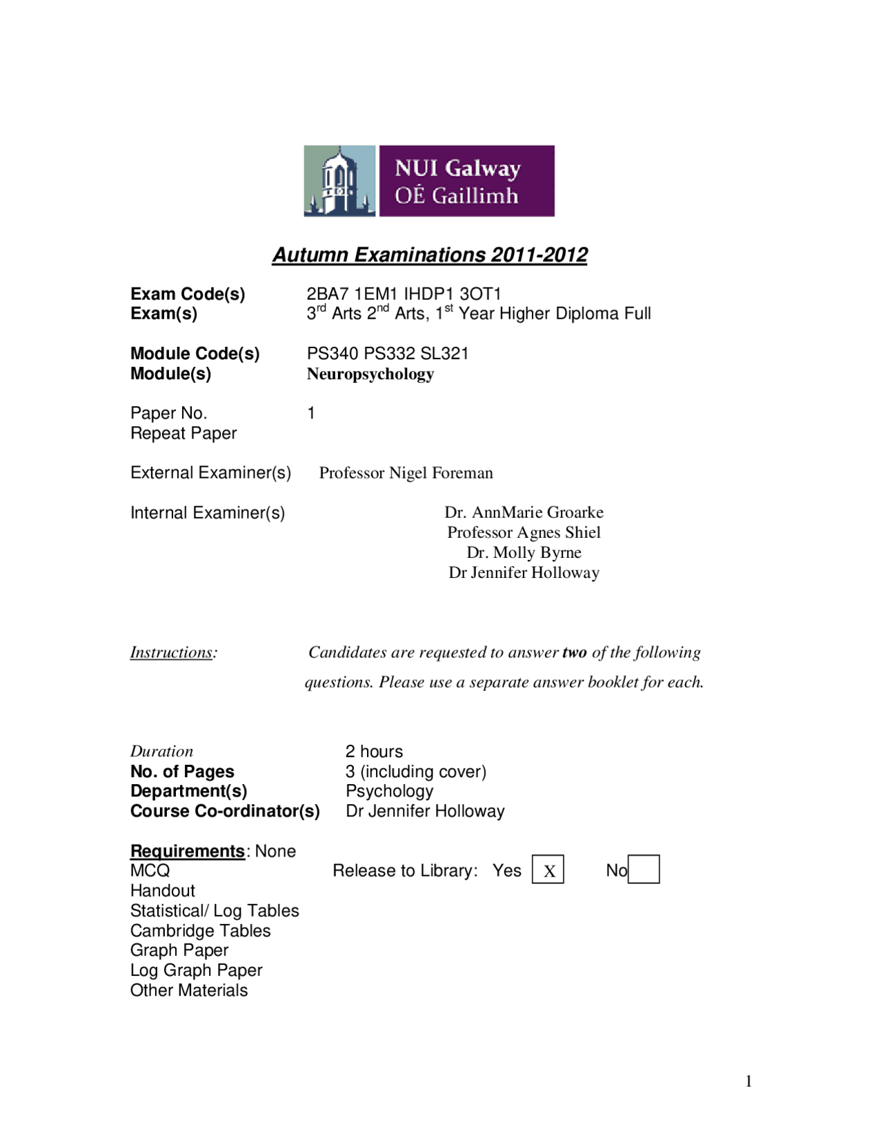 Behavioural And Physiologically Models Neuropsychology Exam Docsity
