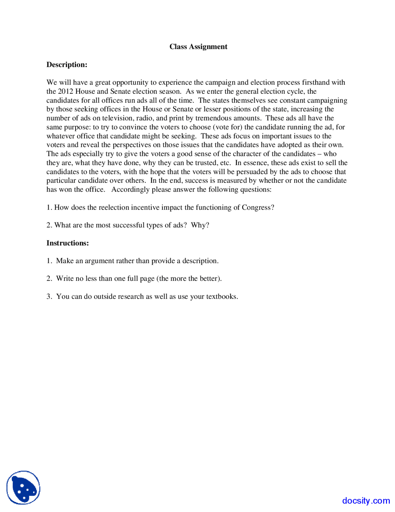 Campaign and Election - American Government - Assignment - Docsity