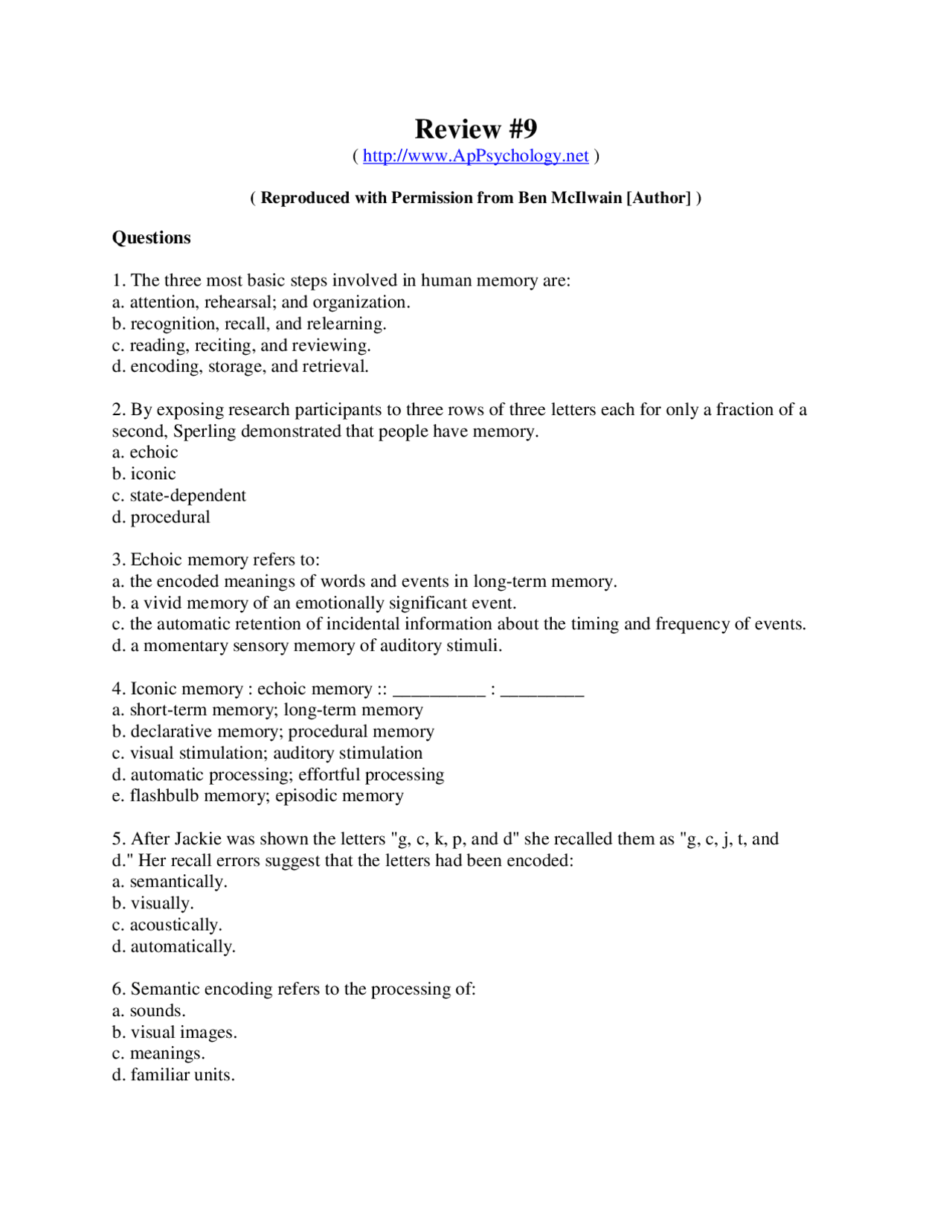 Human Memory - Introduction to Psychology - Quiz - Docsity