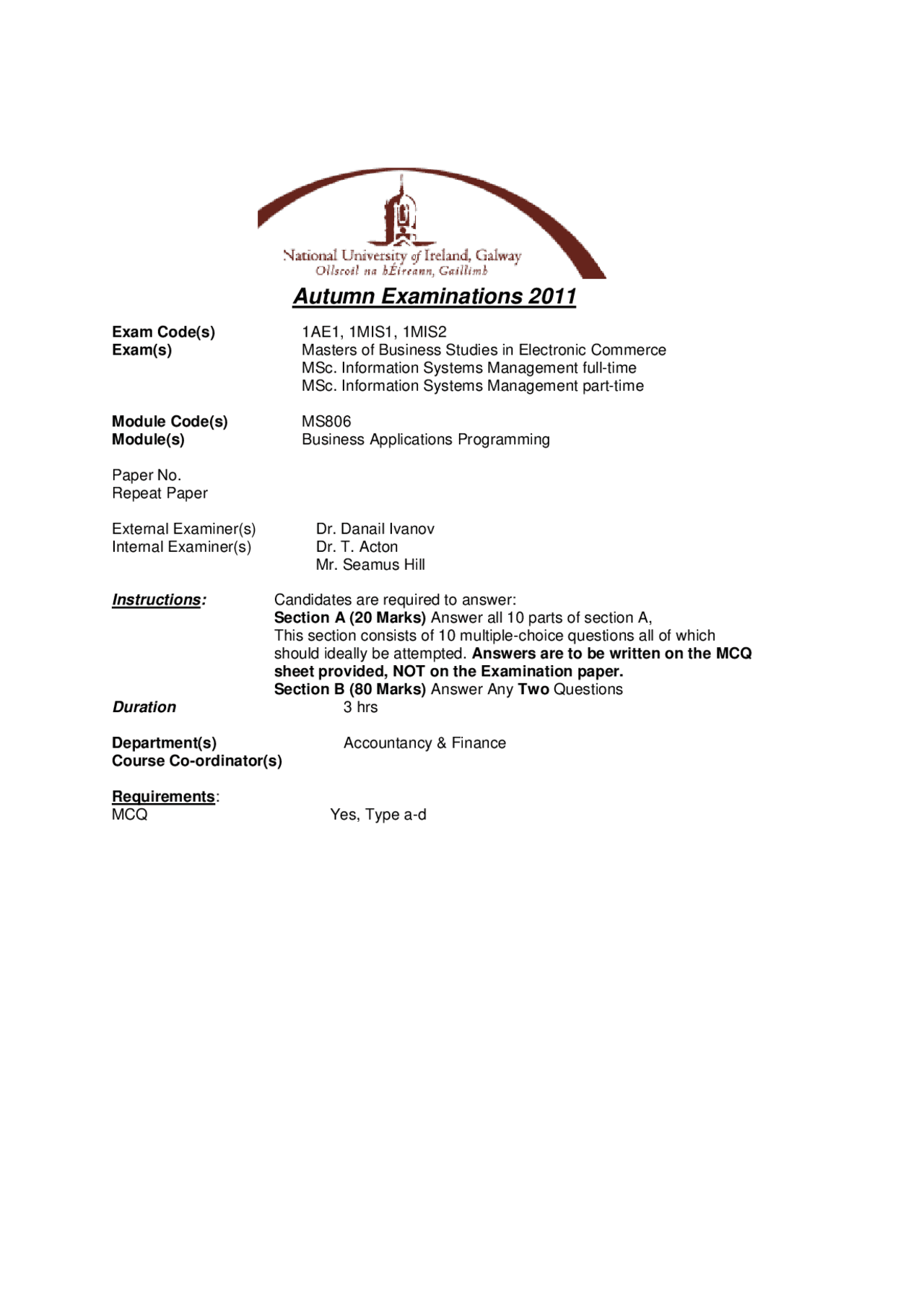 Visual Basic Word - Business Applications Programming - Exam - Docsity