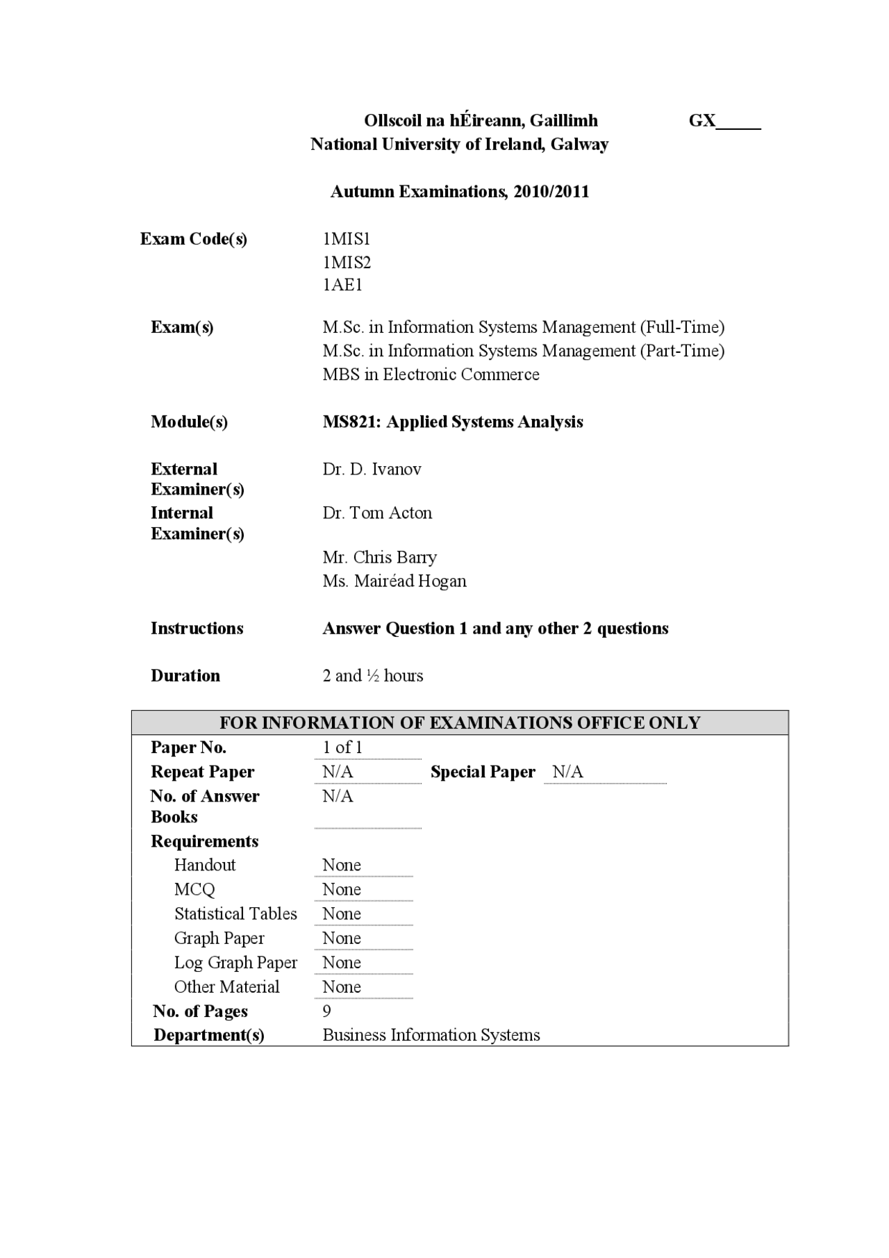 Initial Analysis Applied Systems Analysis Exam Exams System