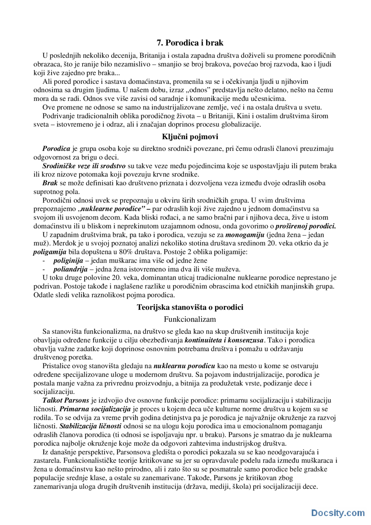 Porodica i brak-Skripta-Sociologija | Rezime od Opšta sociologija | Docsity