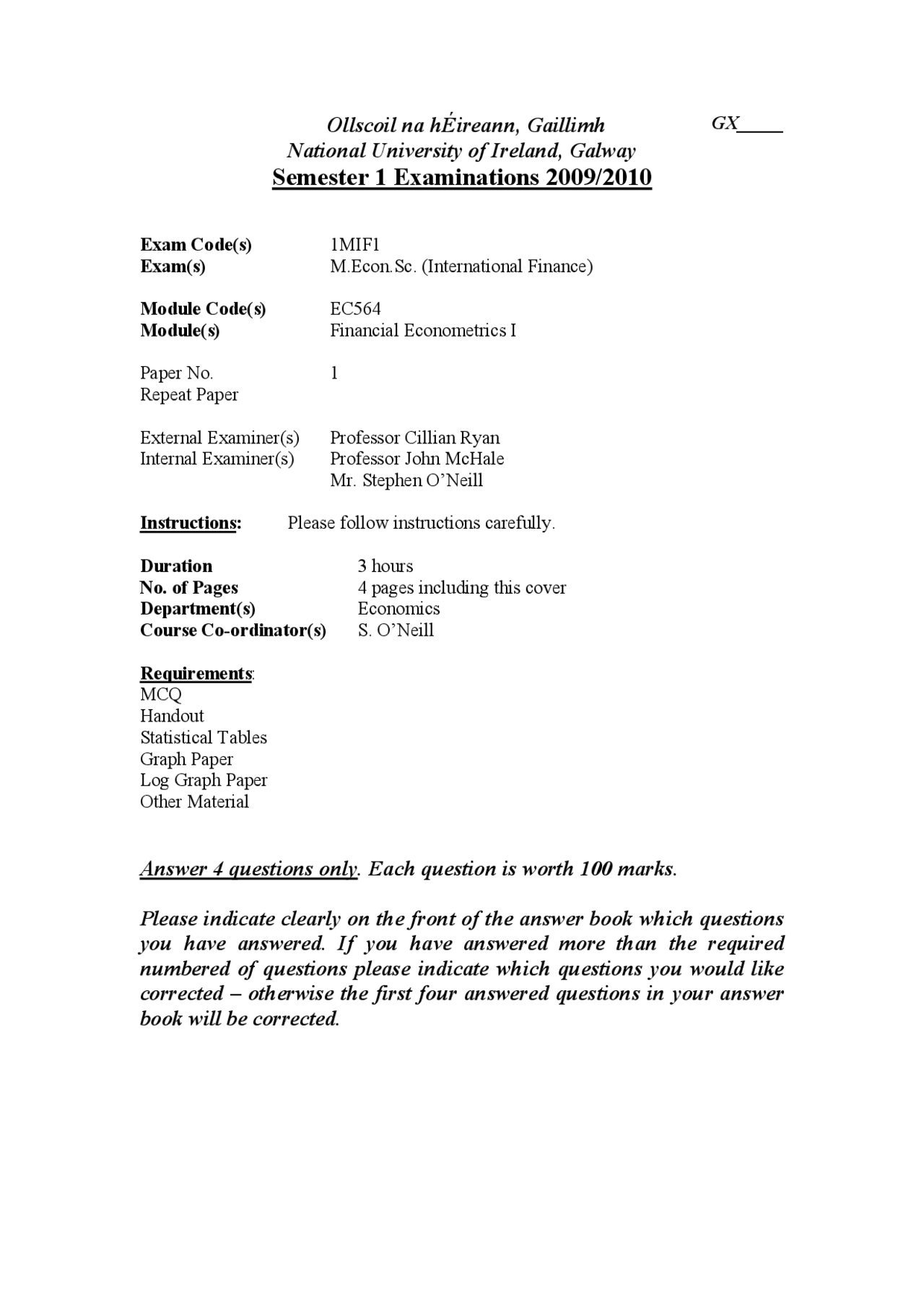 Unobservable Error Terms Financial Econometrics Exam Docsity