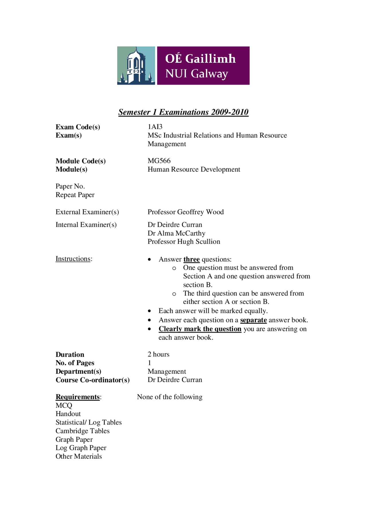 Galway Insurance Ltd - Human Resource Development - Exam - Docsity