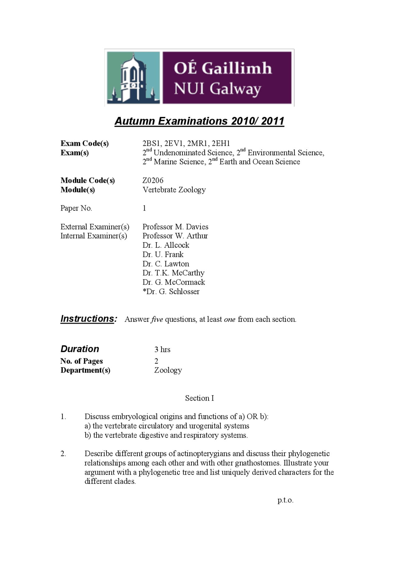 Skeletons - Vertebrate Zoology - Exam - Docsity
