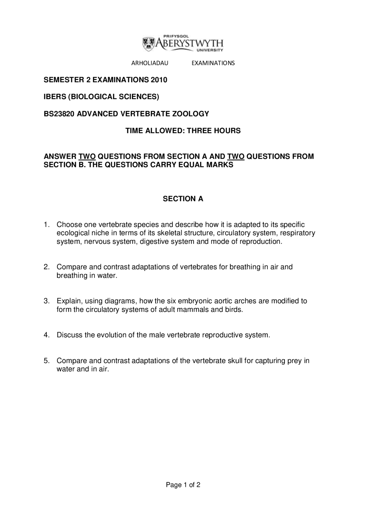 Vertebrate Species - Advanced Vertebrate Zoology - Exam - Docsity