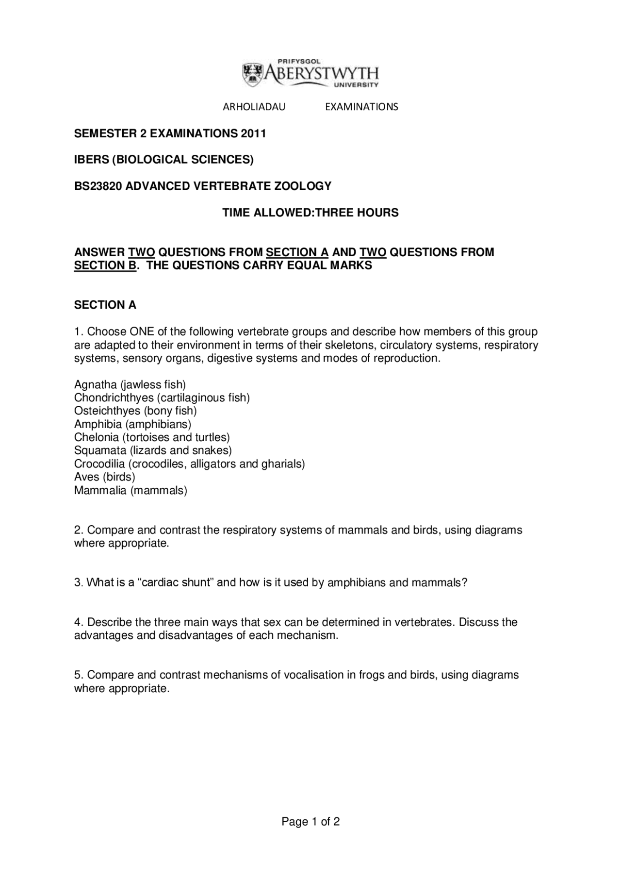 Vertebrate Groups - Advanced Vertebrate Zoology - Exam | Exams Zoology ...