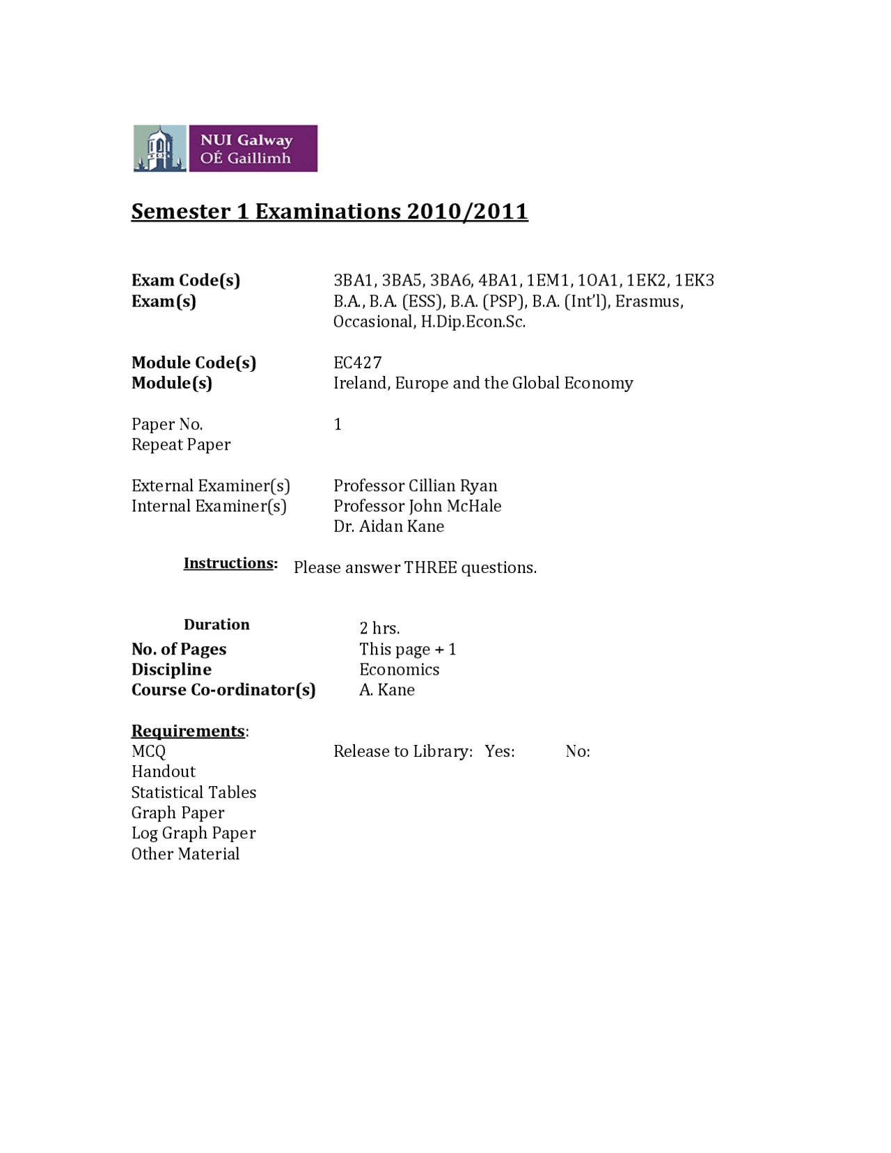 Economic Globalisation - Ireland in Global Economy - Past Exam - Docsity