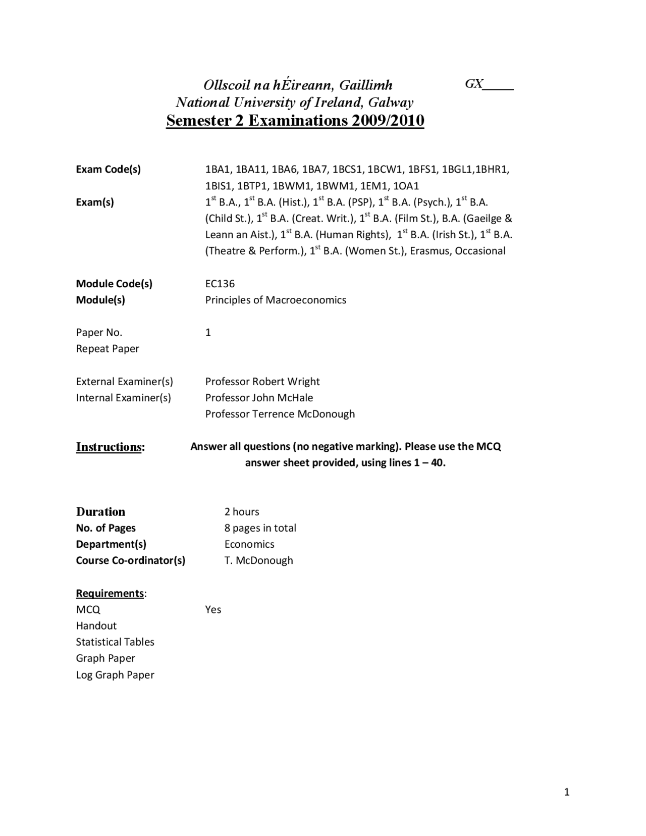 School Of Economics Principles Of Macroeconomics Exam Docsity
