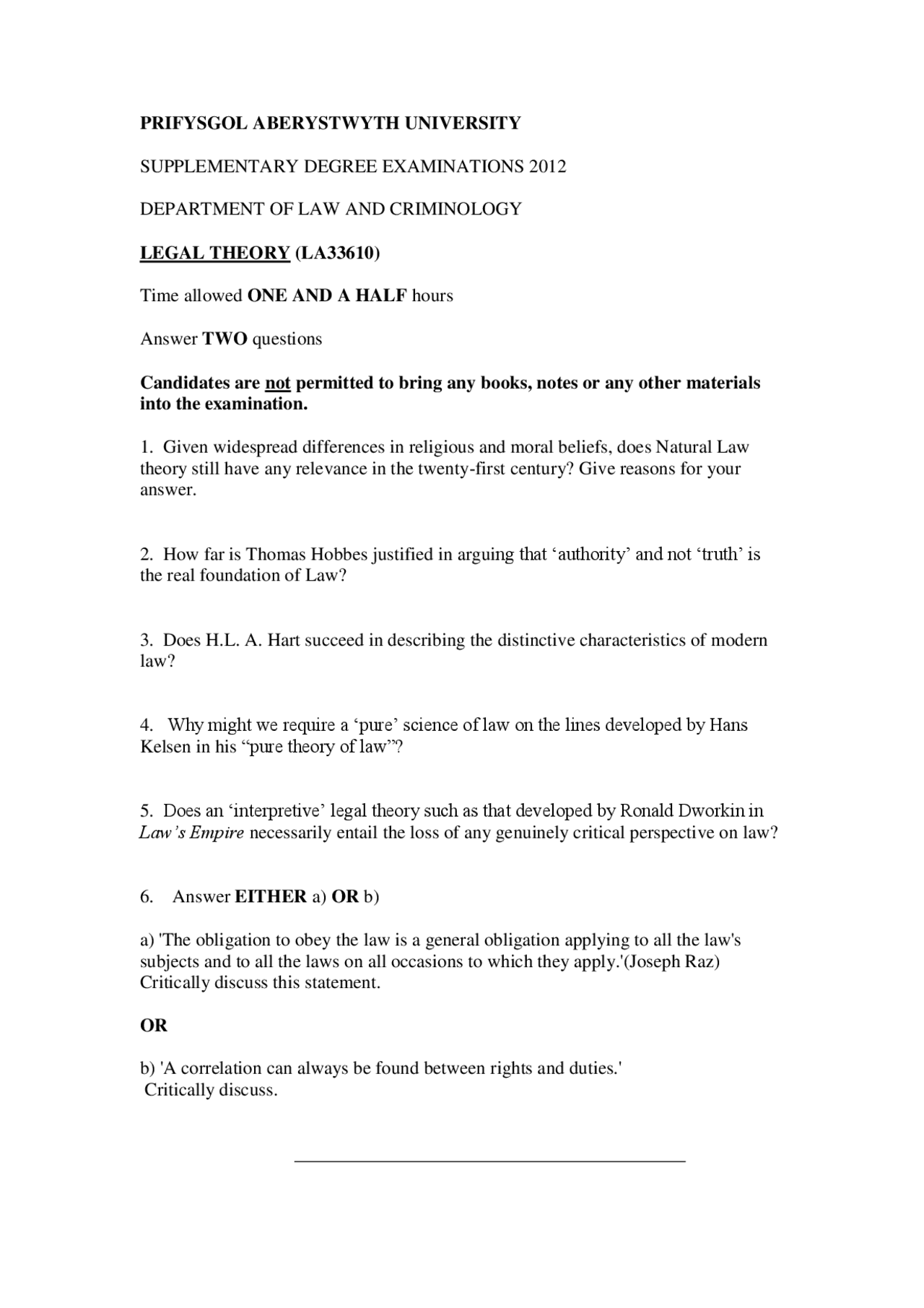 Foundation of Law - Legal Theory - Past Exam - Docsity