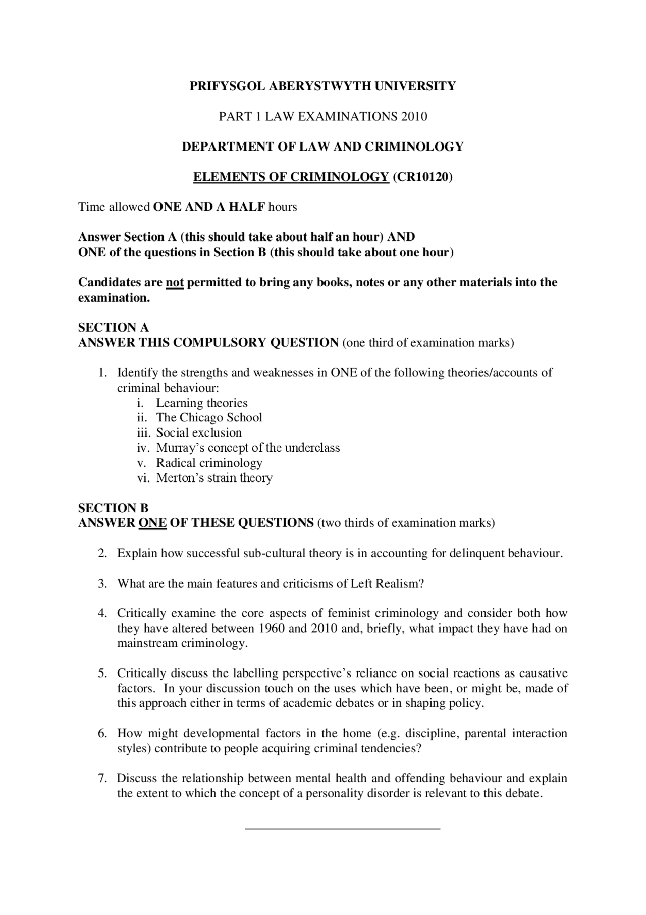 Learning Theories Elements Of Criminology Past Exam Docsity