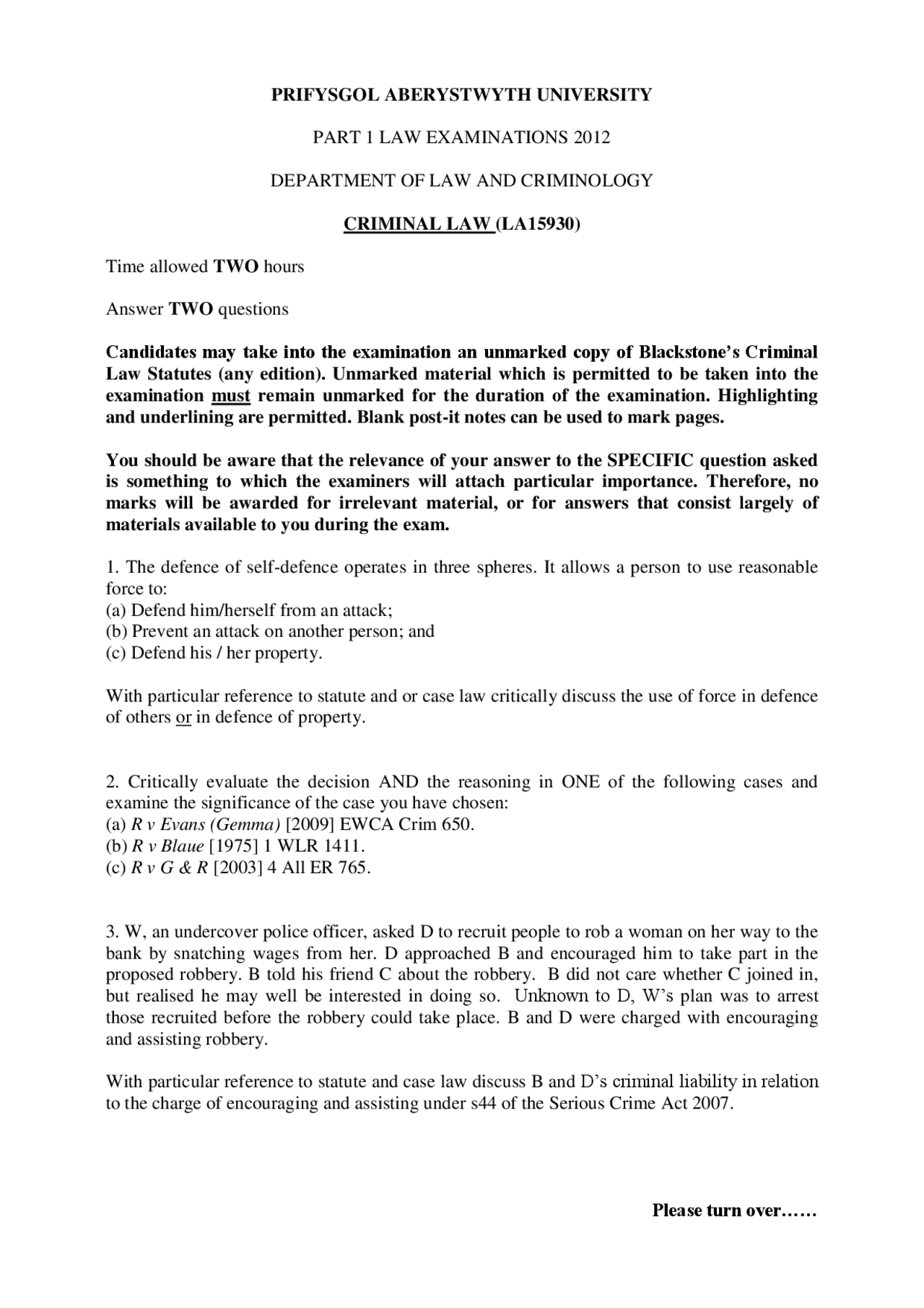 Prevent An Attack Criminal Law Past Exam Docsity