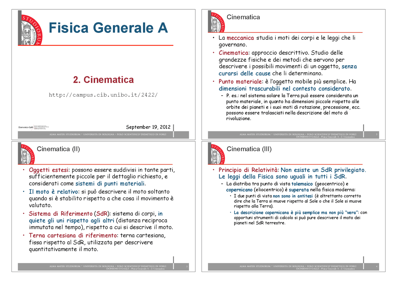 Cinematica Appunti Di Fisica I Docsity