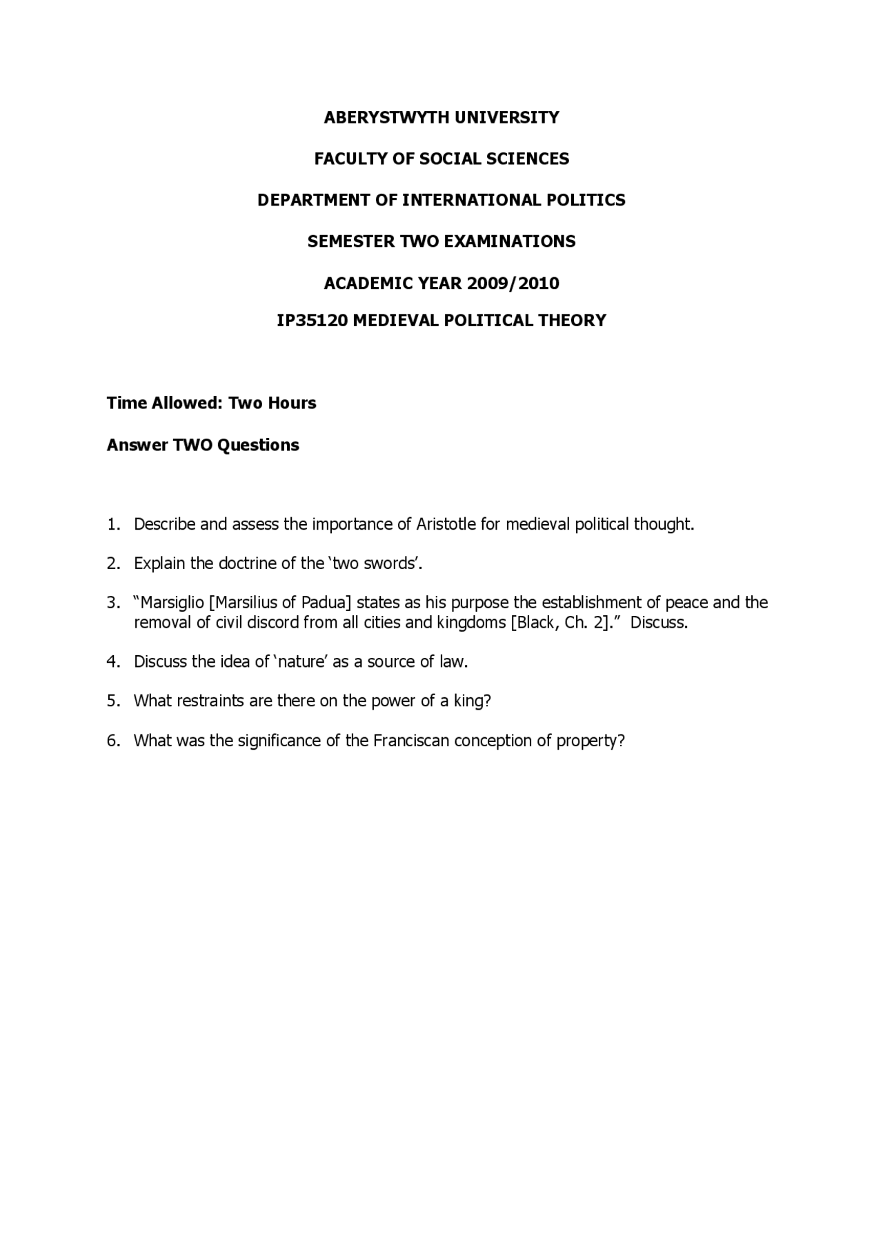 Source Of Law Medieval Political Theory Past Exam Docsity