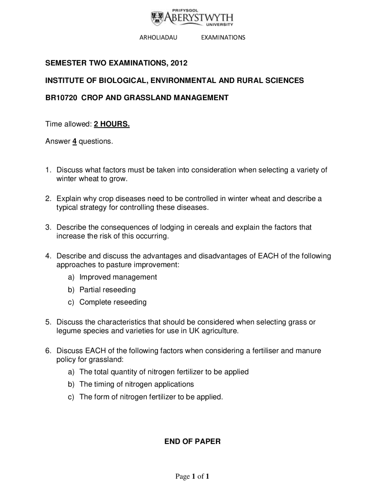 Winter Wheat Crop And Grassland Management Exam Docsity