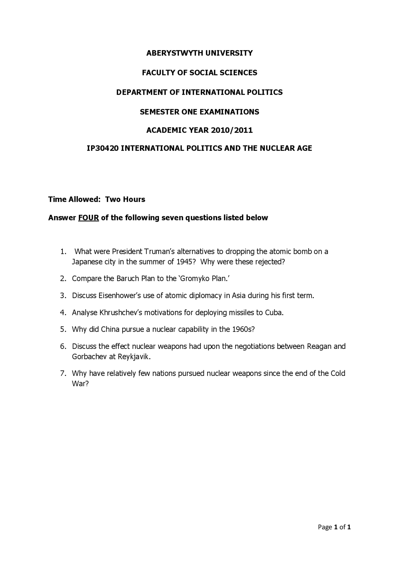 Gromyko Plan - International Politics and the Nuclear Age - Past Exam ...