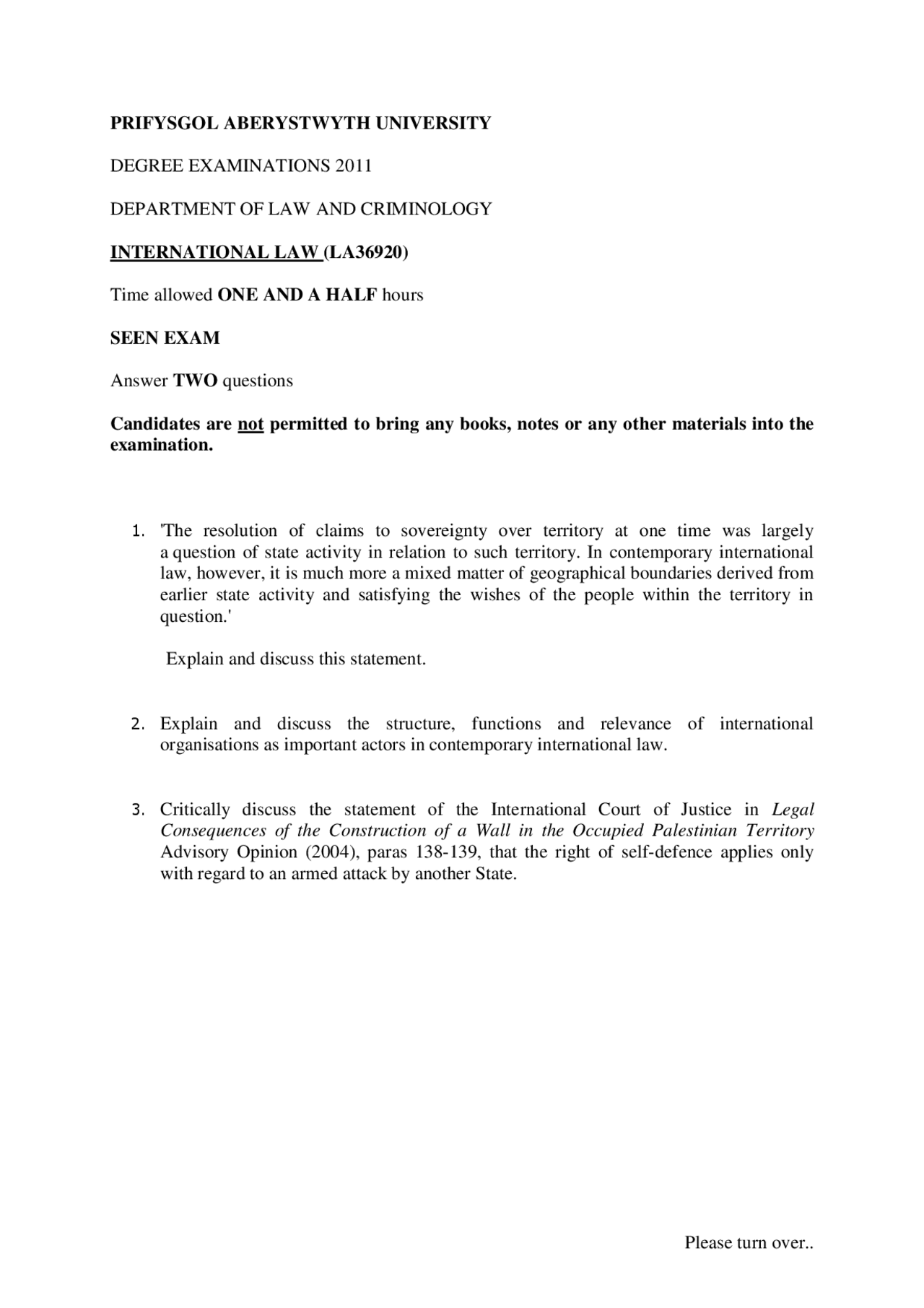 Sovereignty - International Law - Past Exam - Docsity