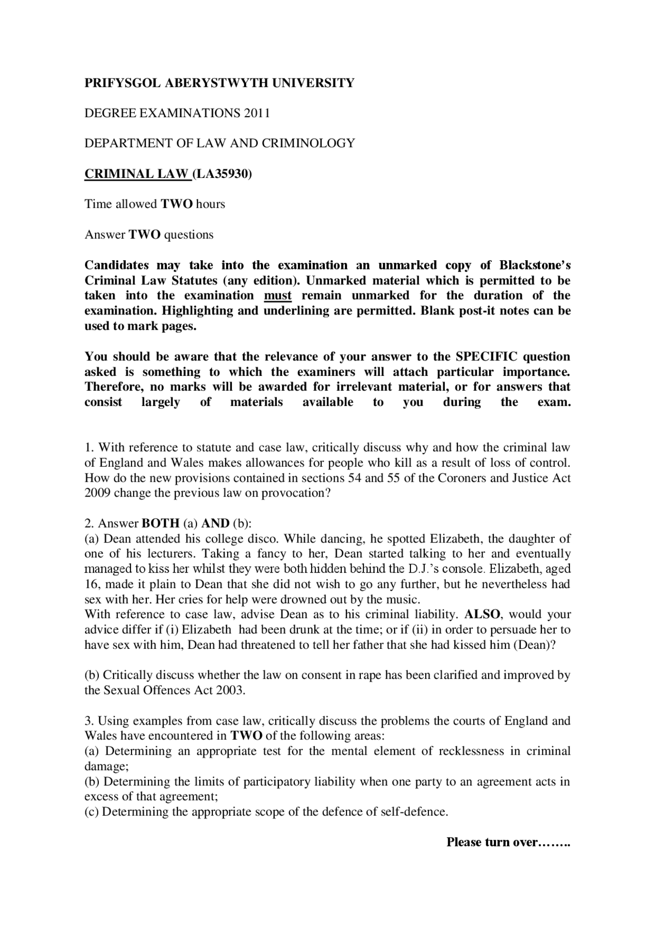 Provocation - Criminal Law - Past Exam - Docsity