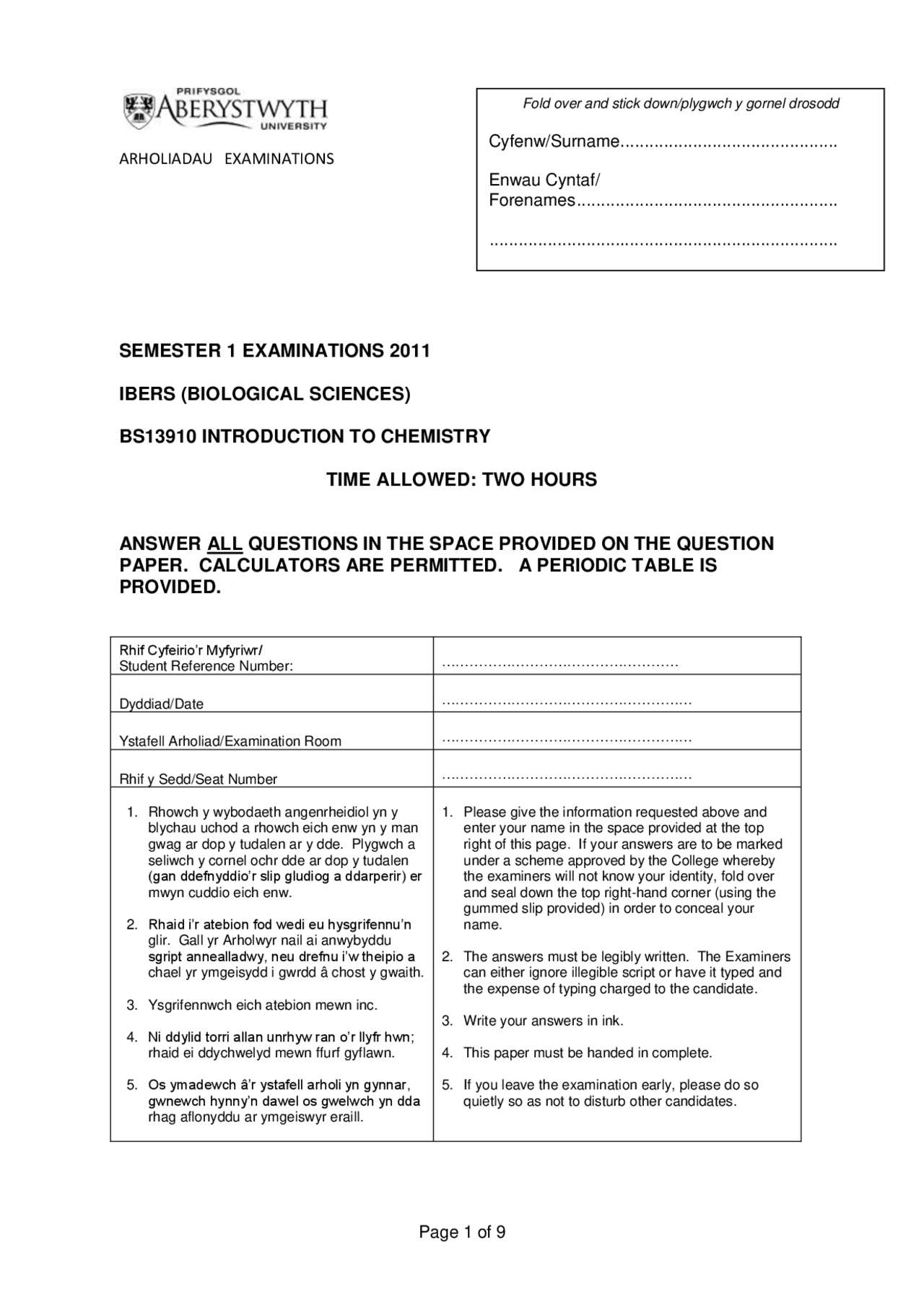 Forces In Solids Introduction To Chemistry Past Exam Docsity