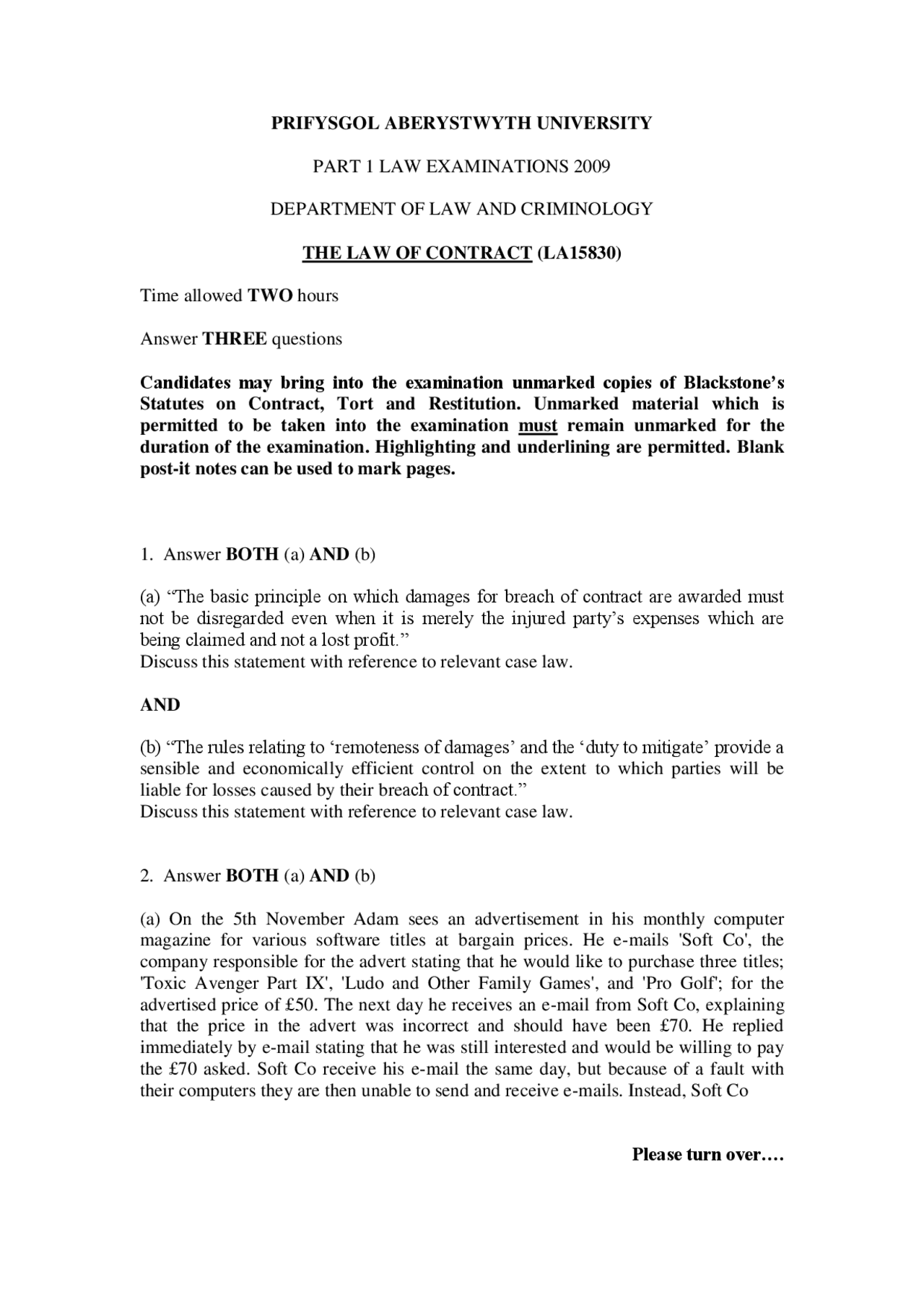 Basic Principle The Law Of Contract Past Exam Docsity