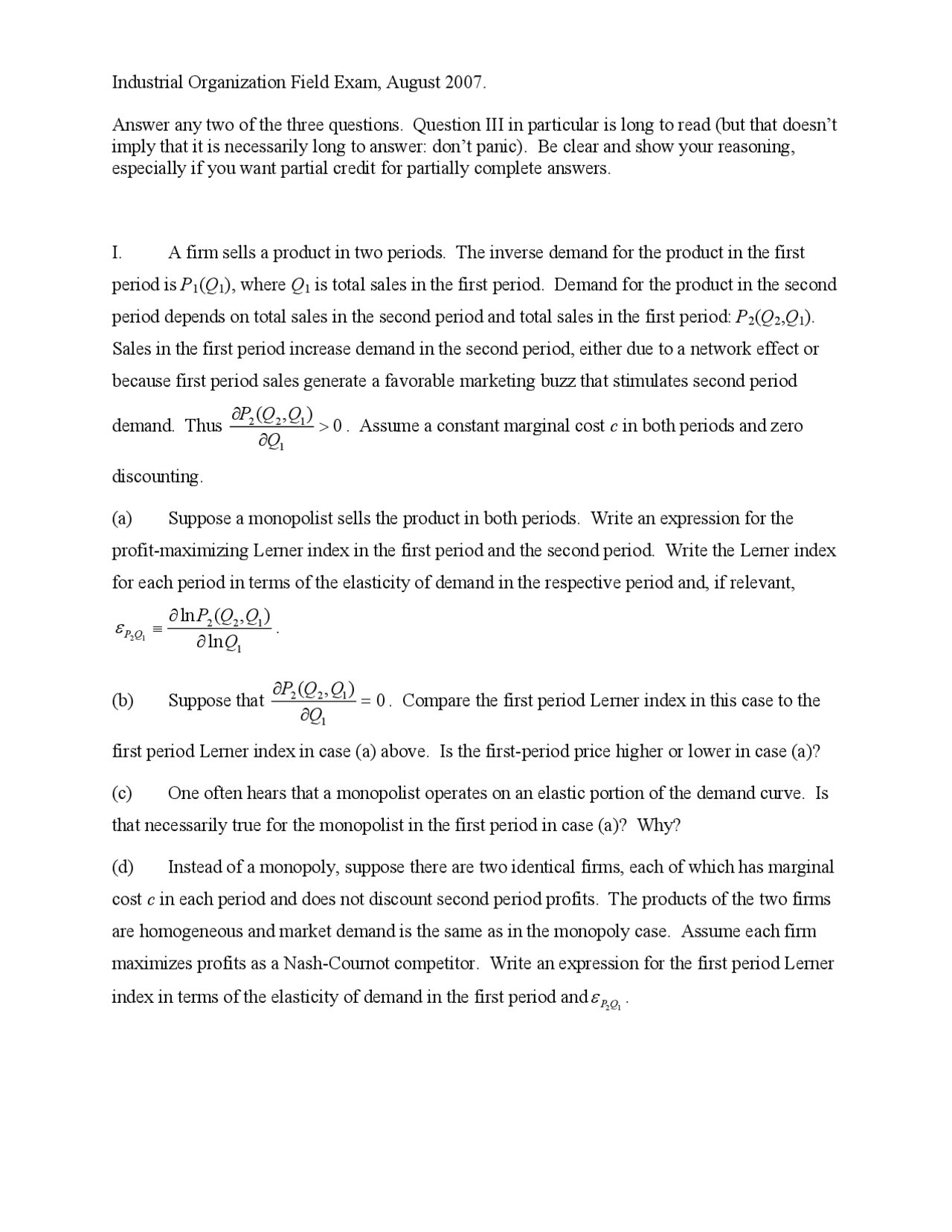 Monopolist Sells Industrial Organization Past Exam Docsity