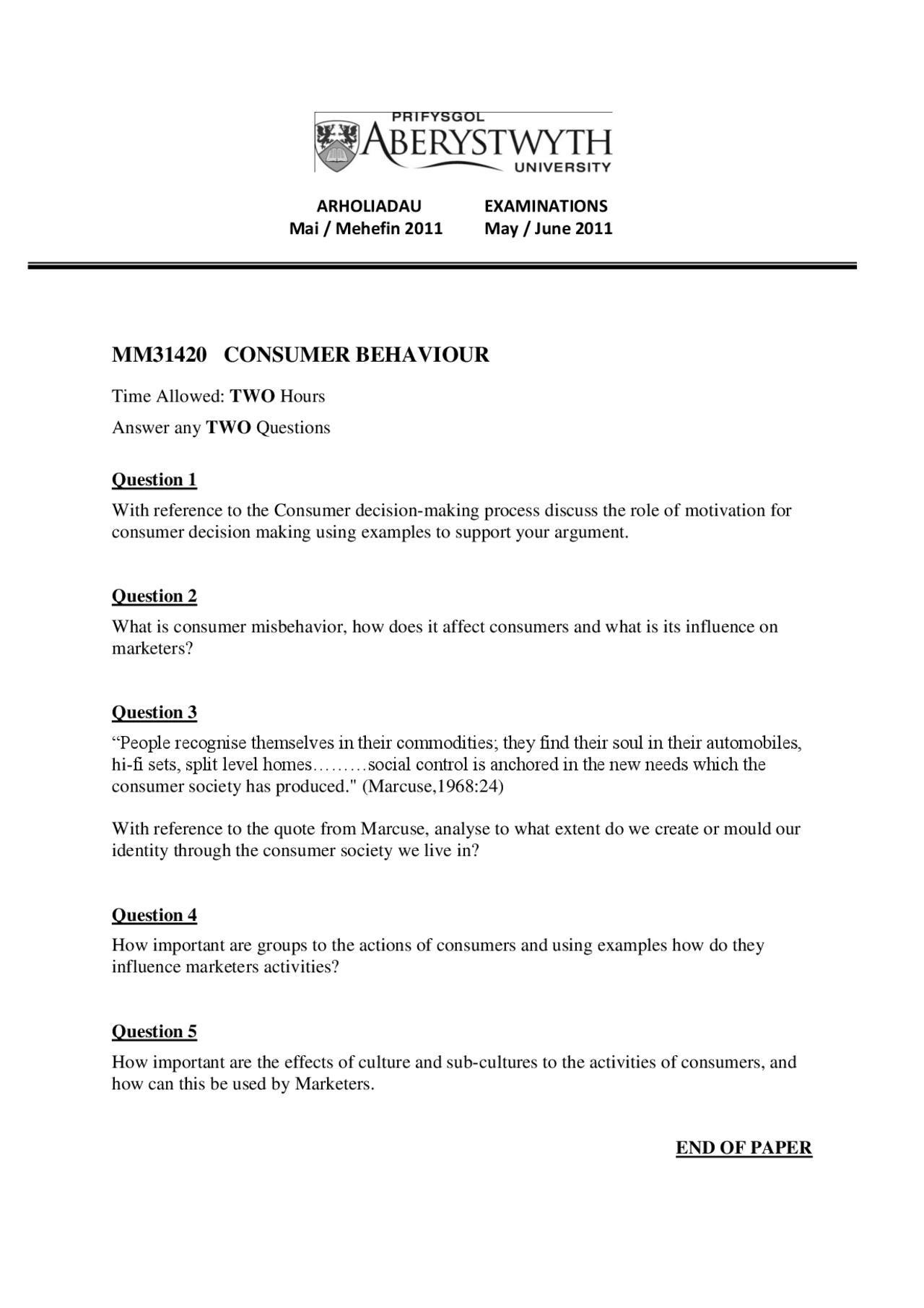 Questionnaire Format For Consumer Behaviour CU BCOM SEM III Consumer