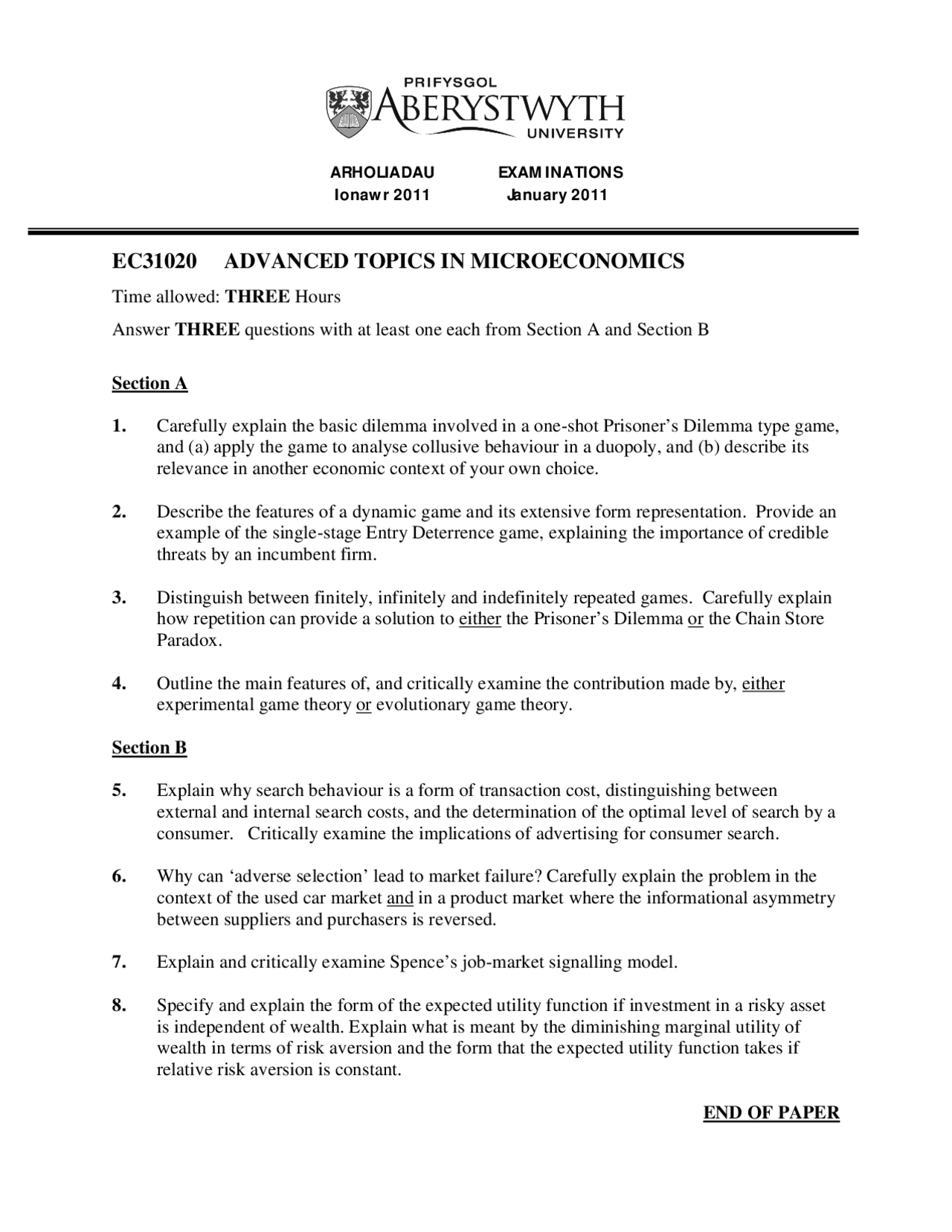 Basic Dilemma Advanced Topics In Microeconomics Past Exam Docsity