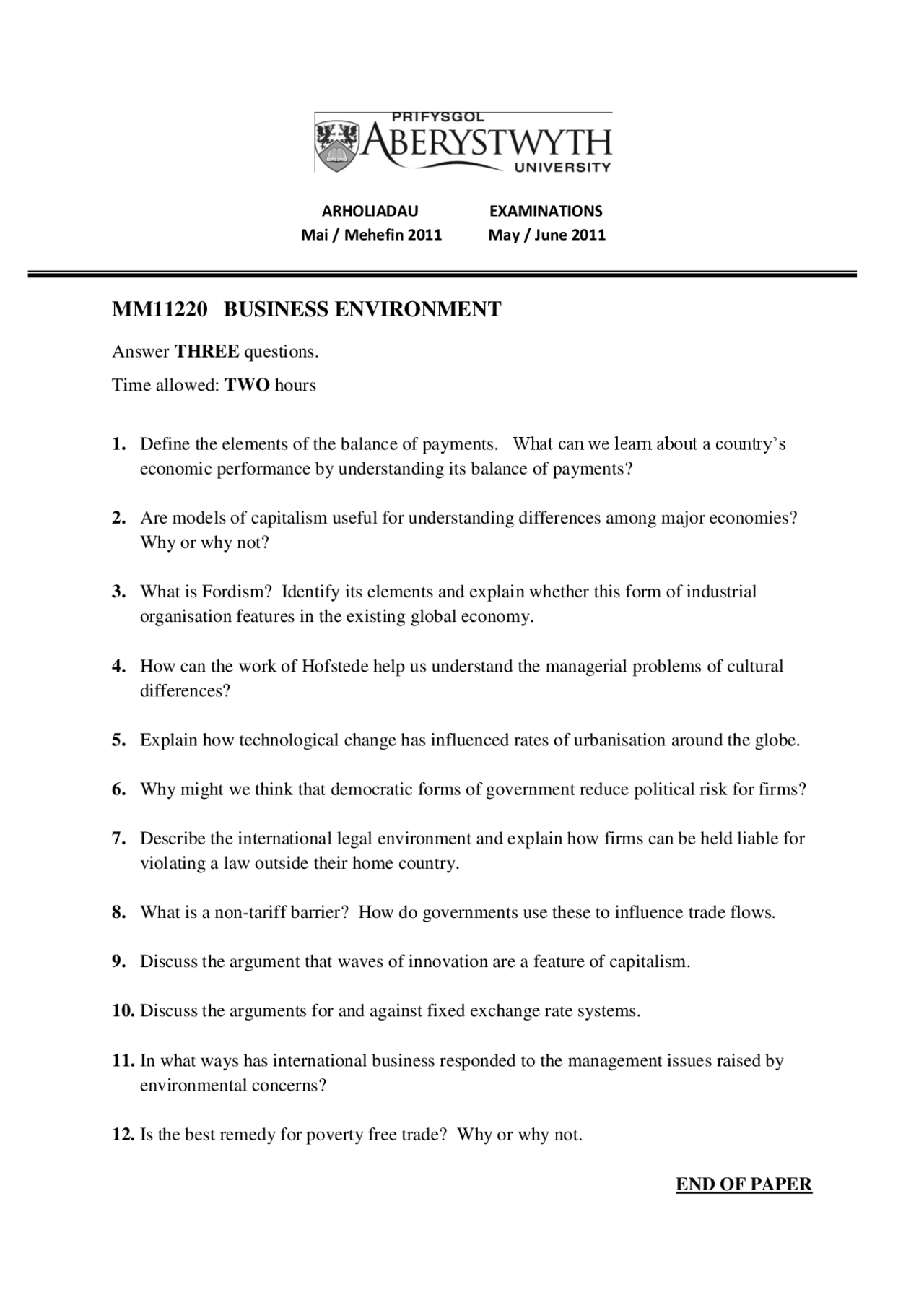 Capitalism Introduction To Business Environment Past Exam Docsity