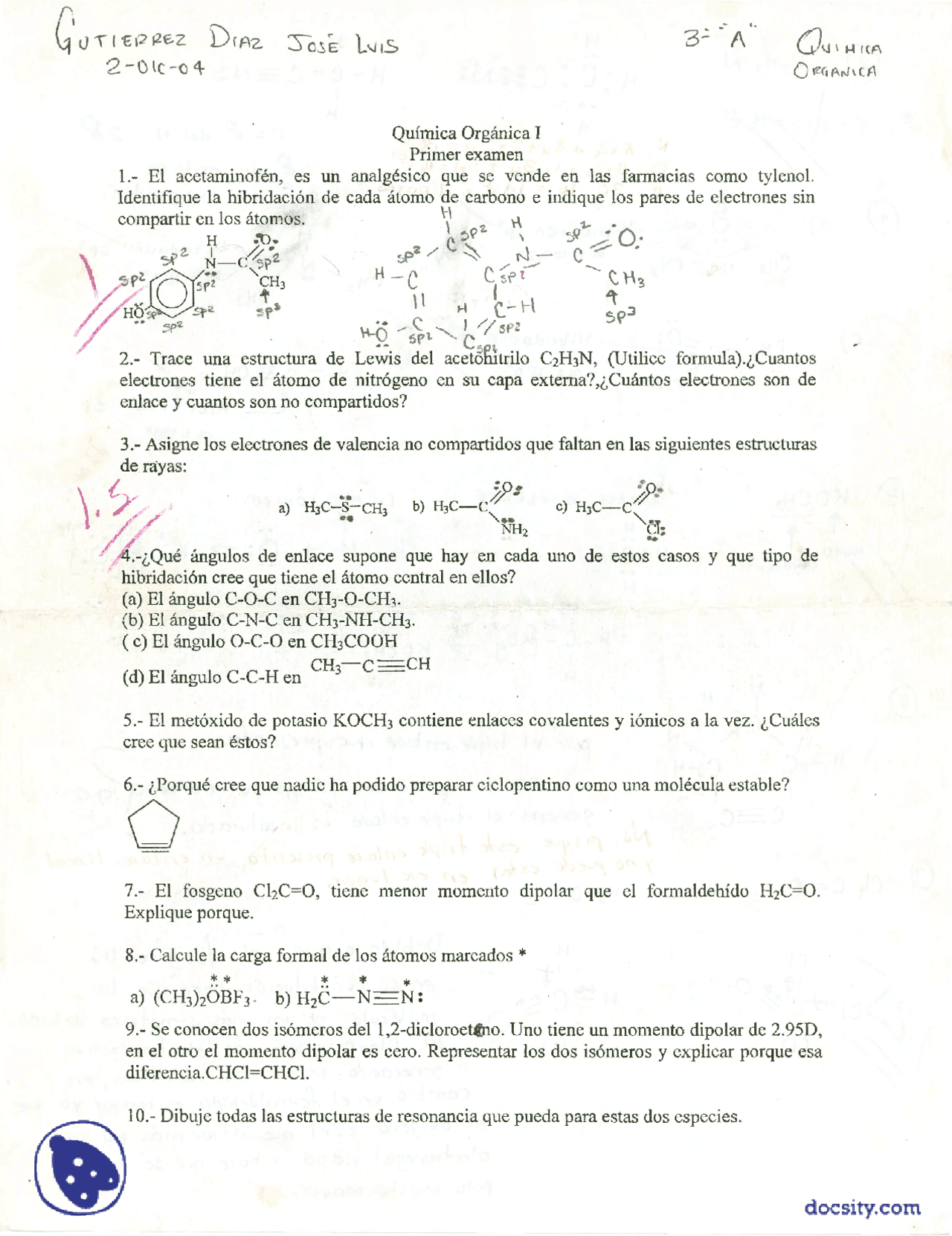 Examen Química Orgánica Apuntes Docsity