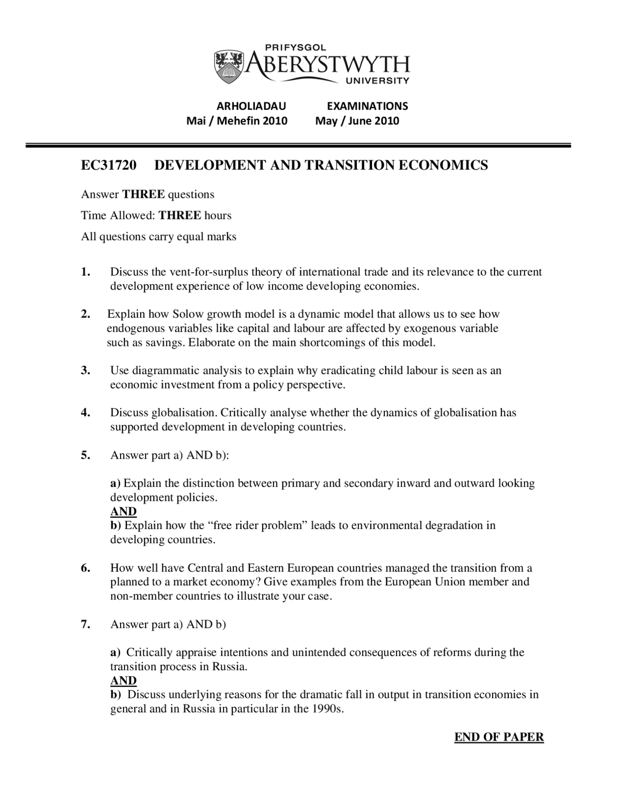 Globalisation Development And Transition Economics Past Exam
