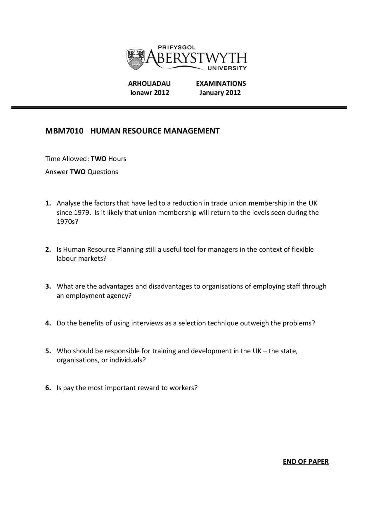 Resource Planning - Human Resource Management - Past Exam | Exams Human ...