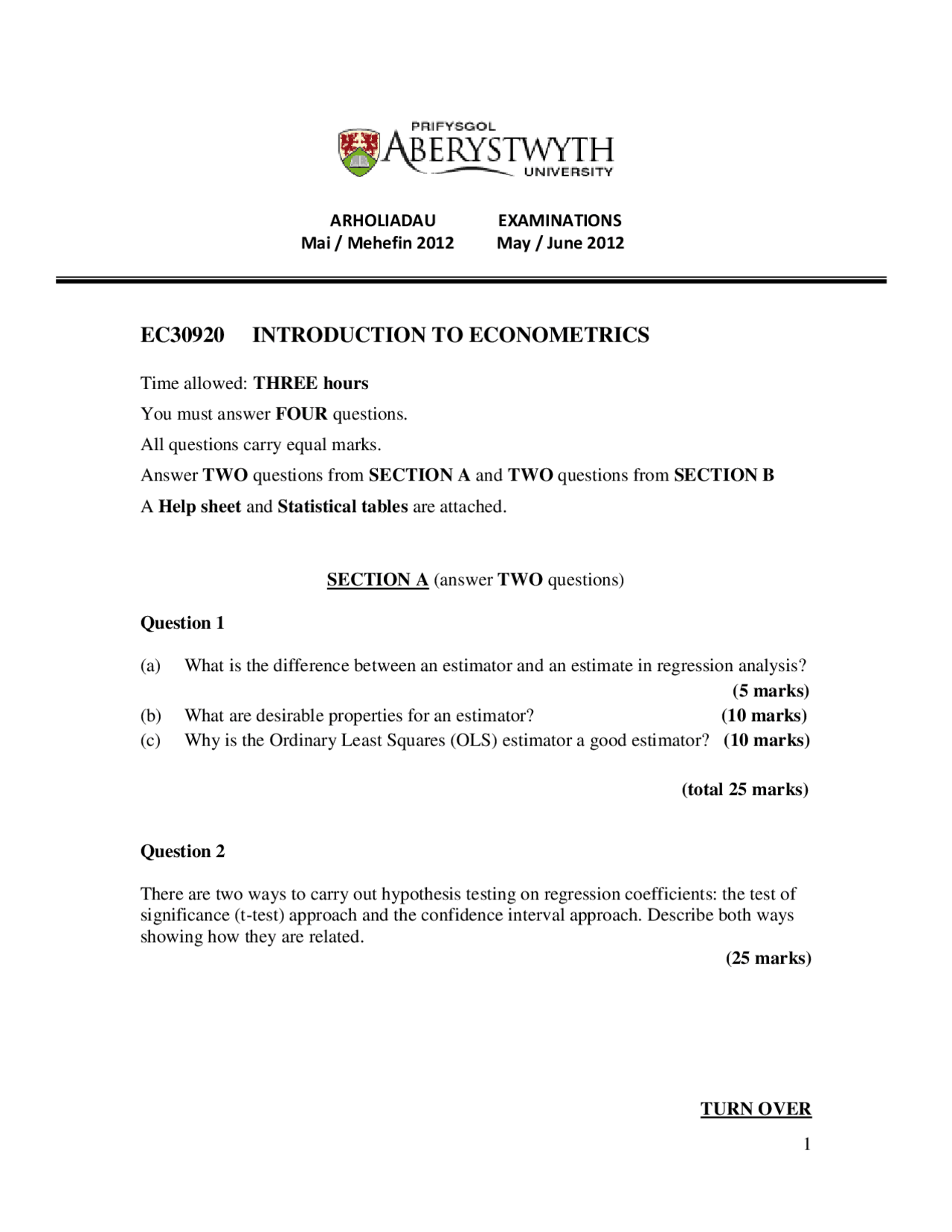 Estimator Introduction To Economics Past Exam Docsity