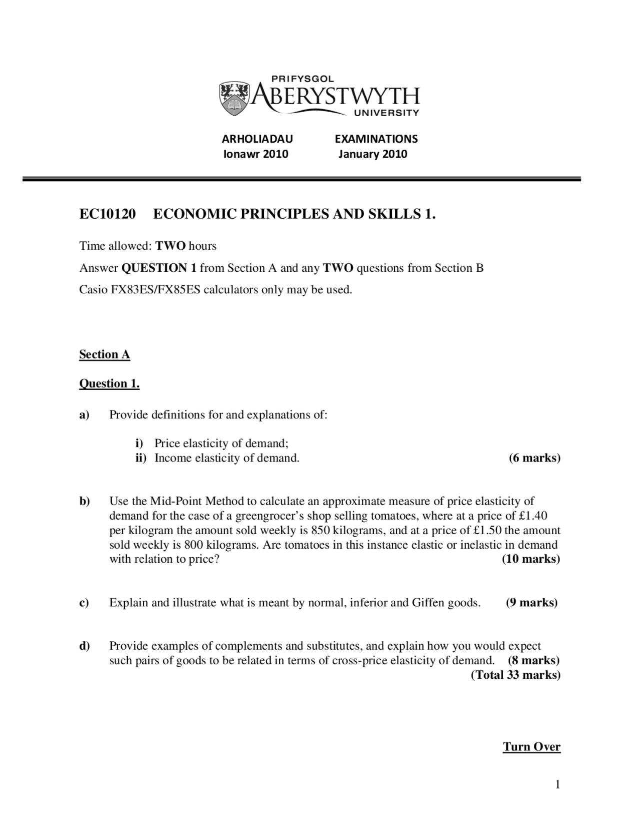 Elasticity Economic Principles And Skills Past Exam Docsity