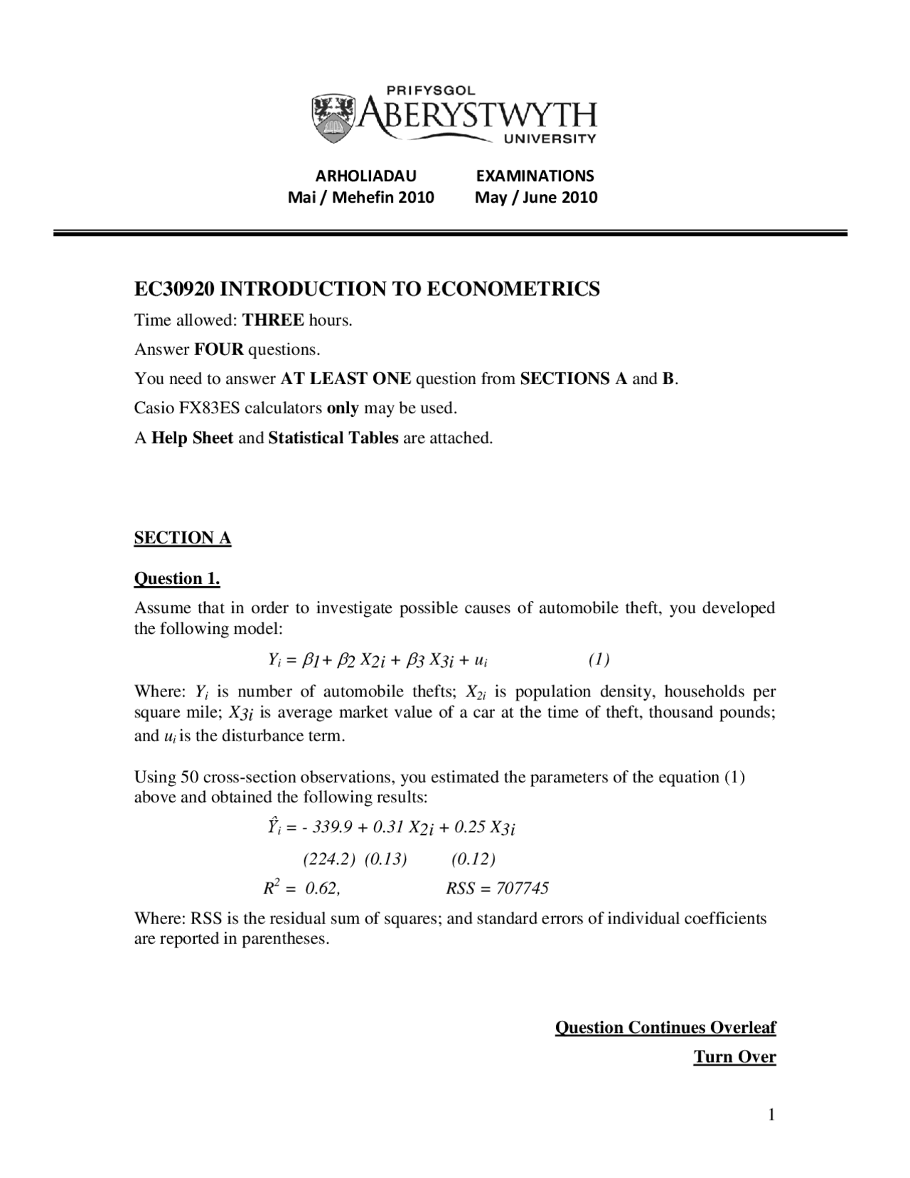 Ordinary Least Squares Introduction To Economics Past Exam Docsity