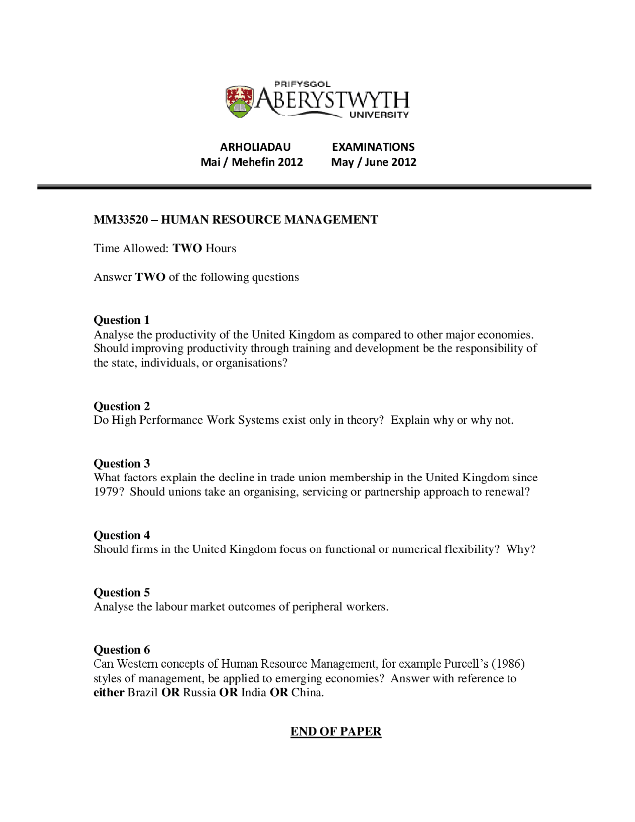 Work Systems - Human Resource Management - Past Exam - Docsity