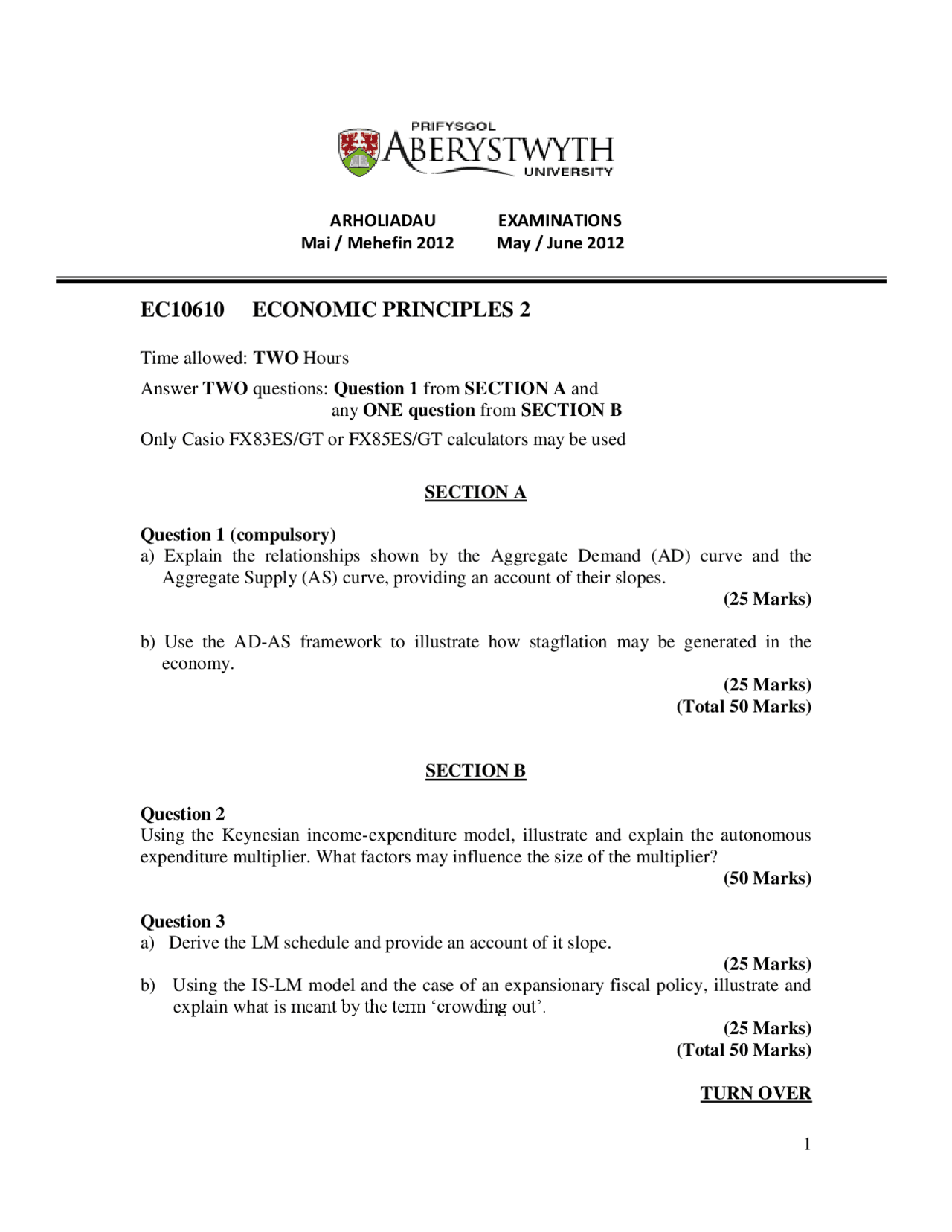 Keynesian Economic Principles Past Exam Docsity