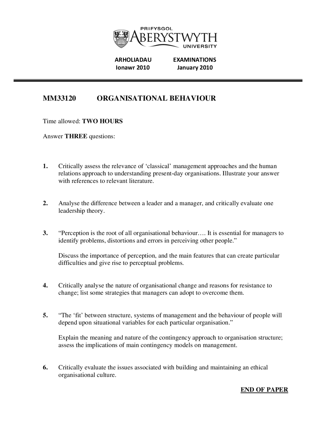 Management Approaches Organisational Behaviour Past Exam Docsity