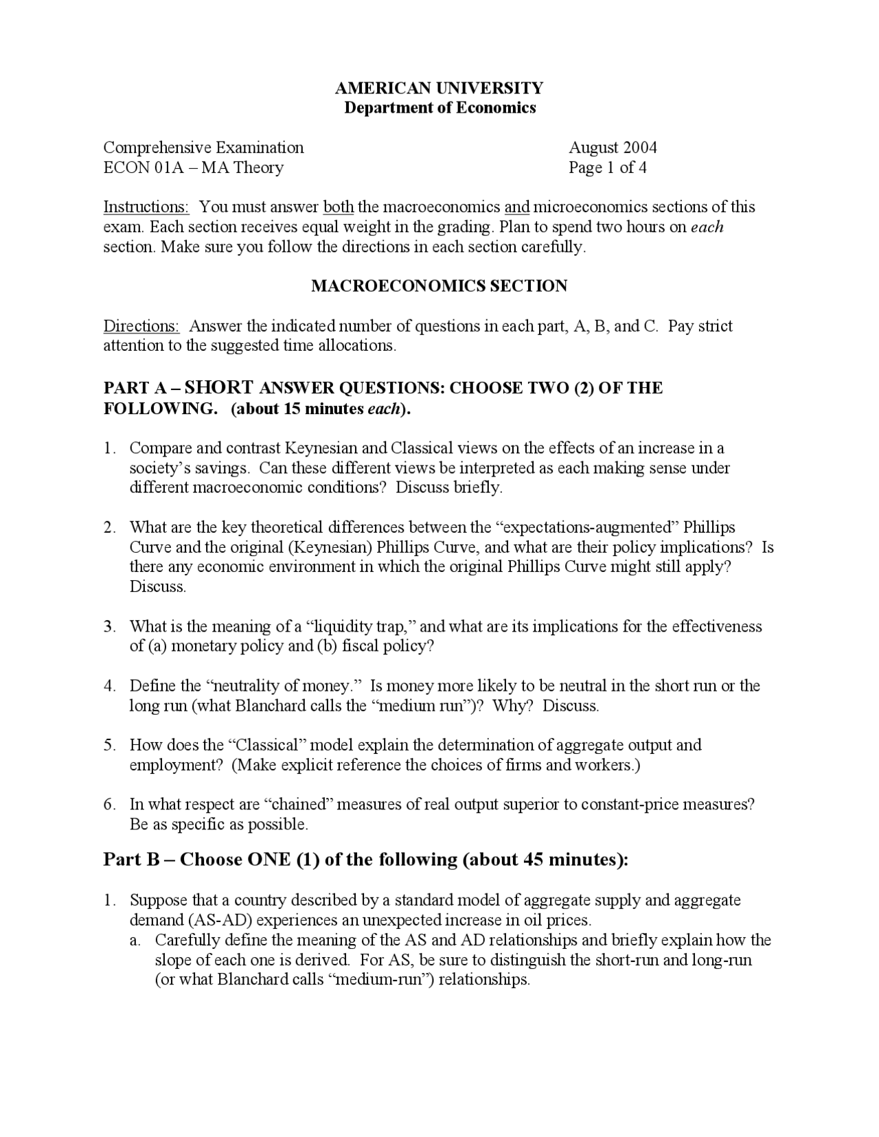 Classical Views Macroeconomics Past Exam Exams Macroeconomics
