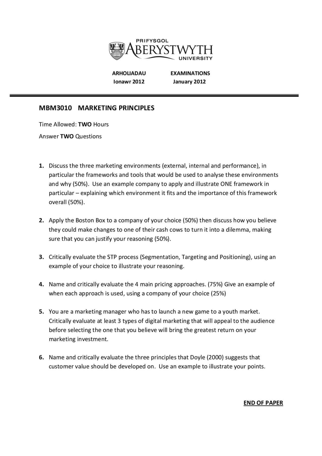 Boston Box - Marketing Principles - Past Exam - Docsity