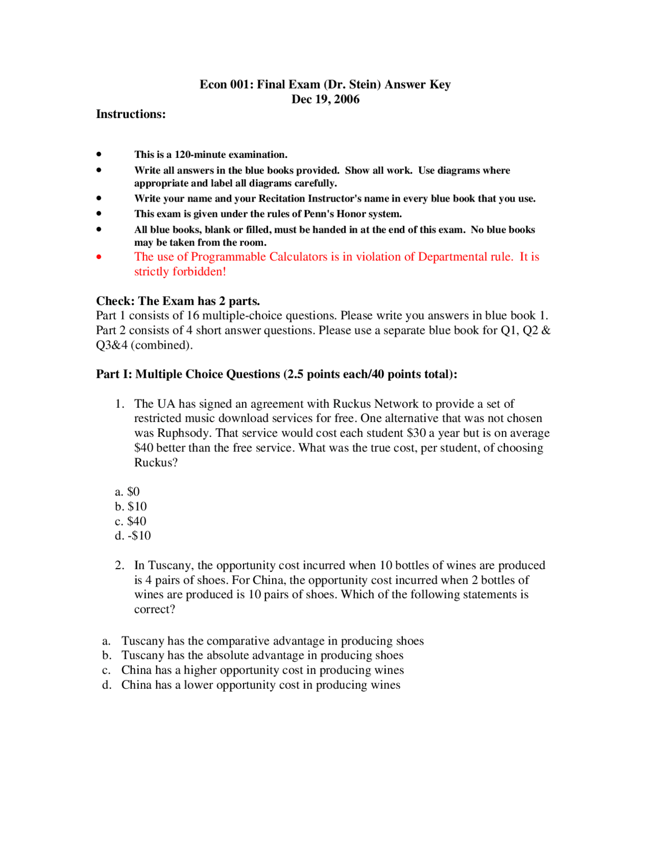 Bottles Of Wines Economics Solved Past Exam Docsity