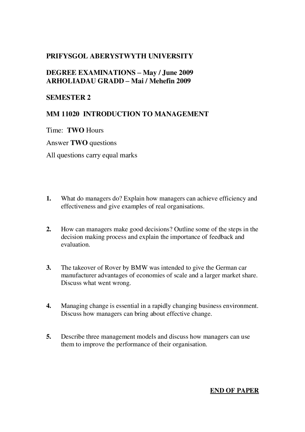 Real Organisations Introduction To Management Past Exam Docsity