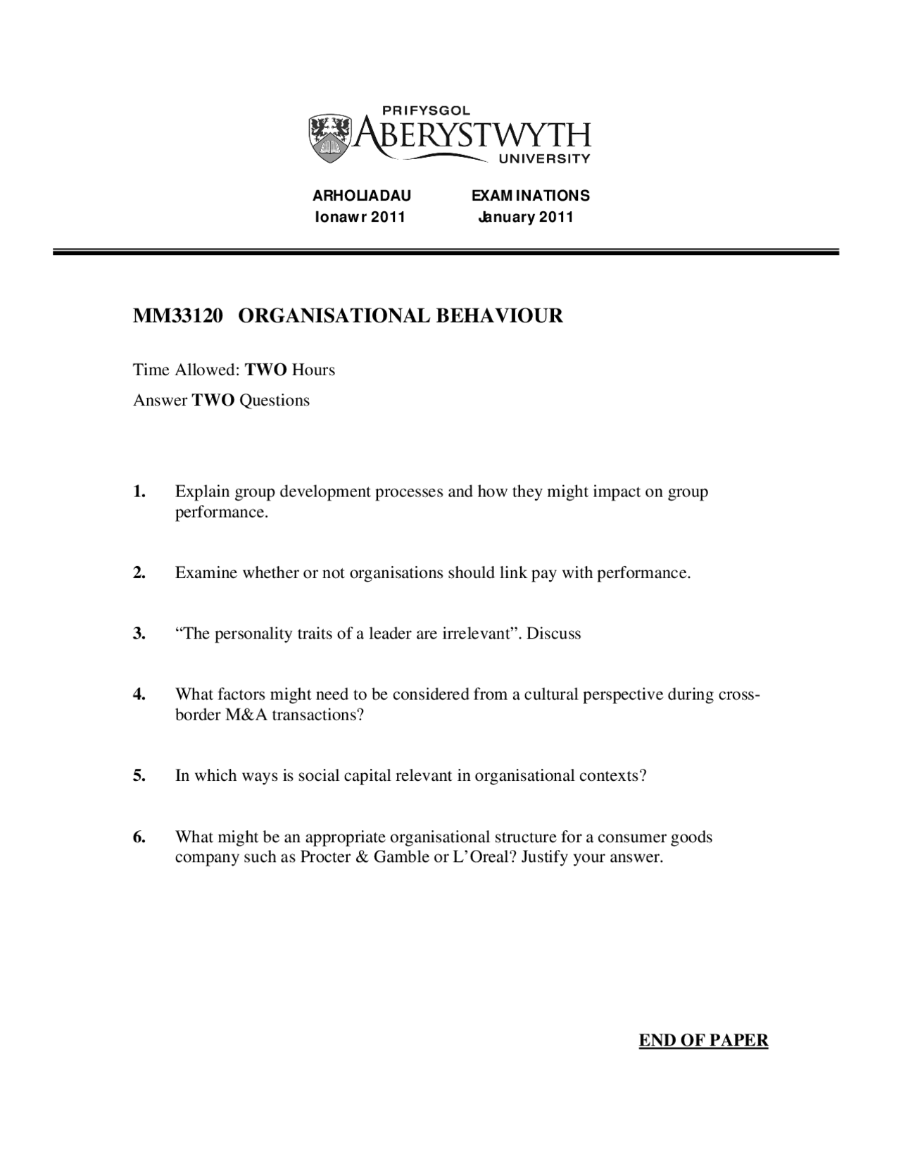 Development Processes Organisational Behaviour Past Exam Docsity
