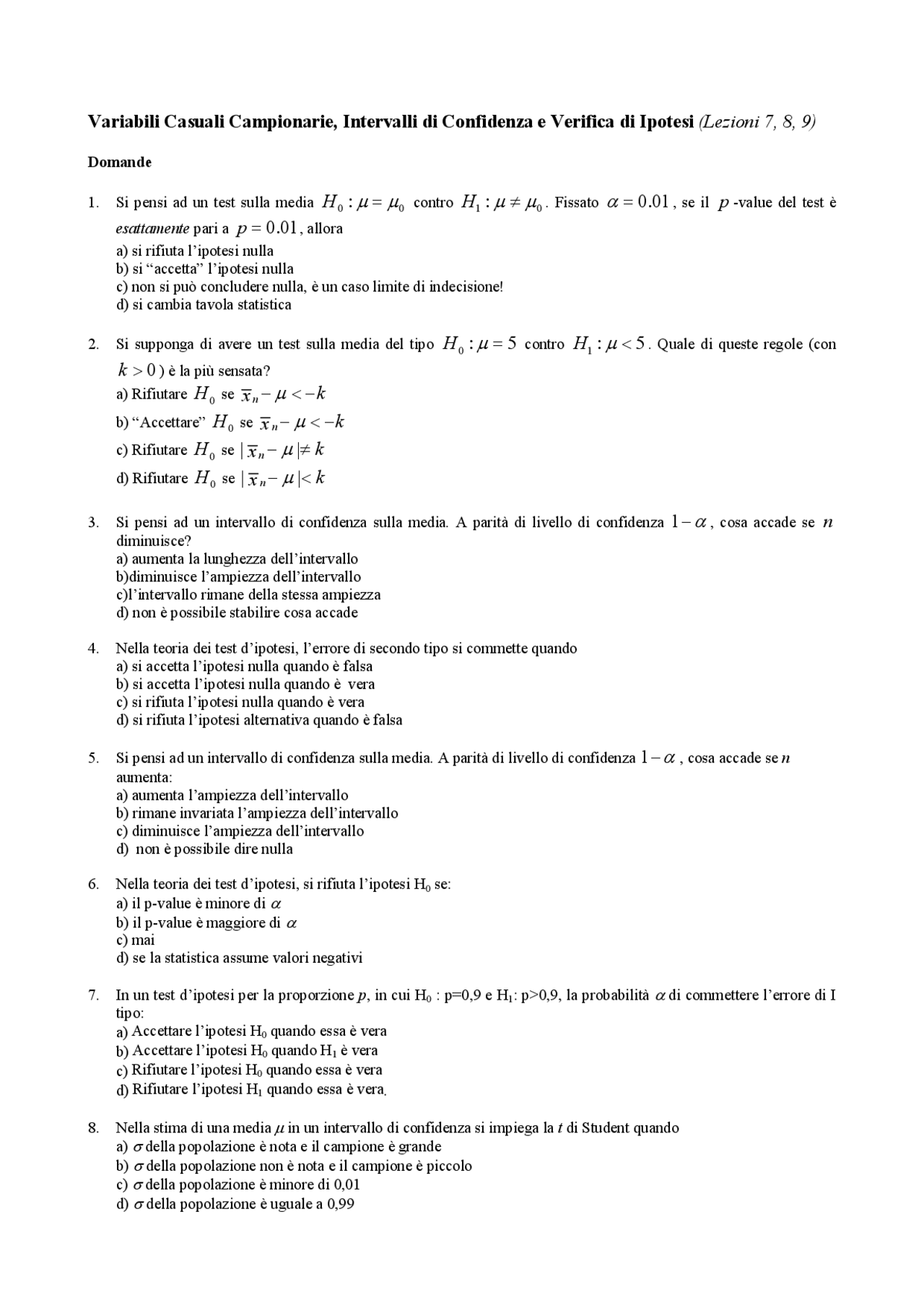 Variabili Casuali Campionarie Intervalli Di Confidenza Esercizi Di