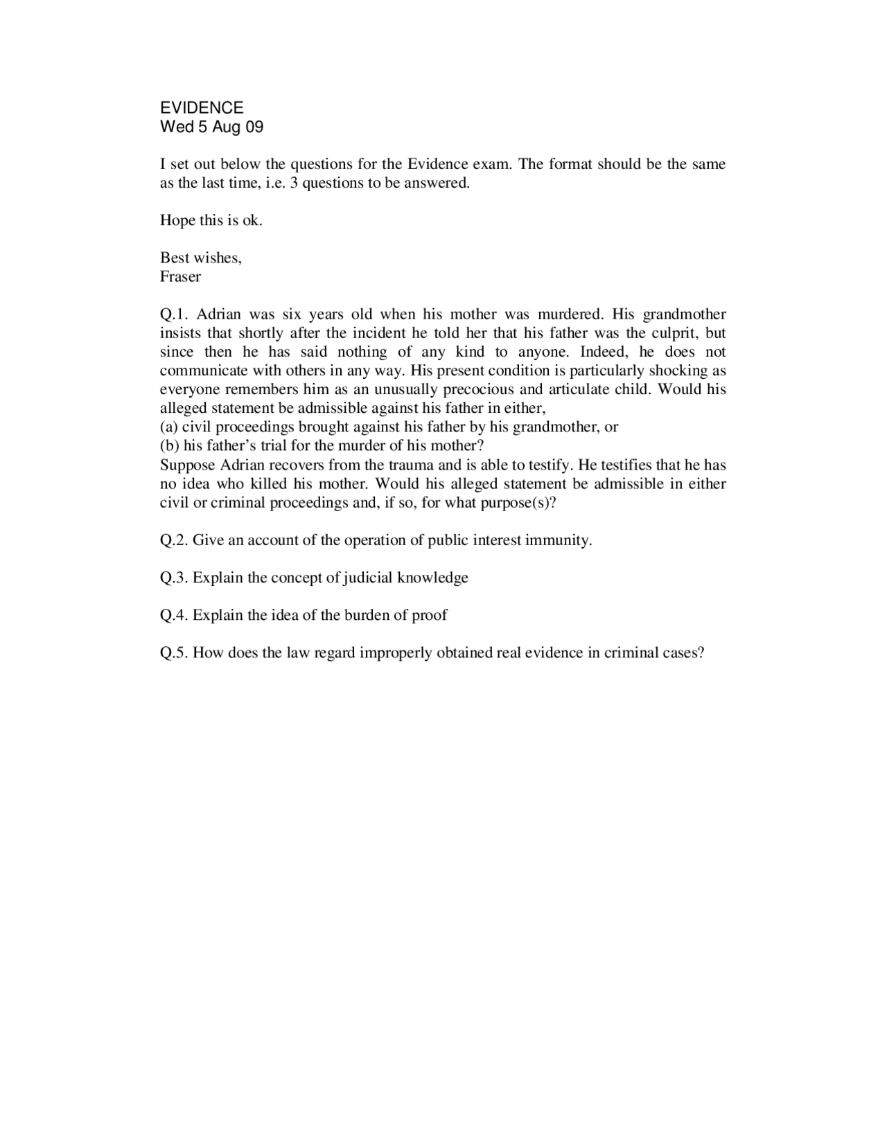 Public Interest Immunity - Introduction to Evidence - Past Exam - Docsity