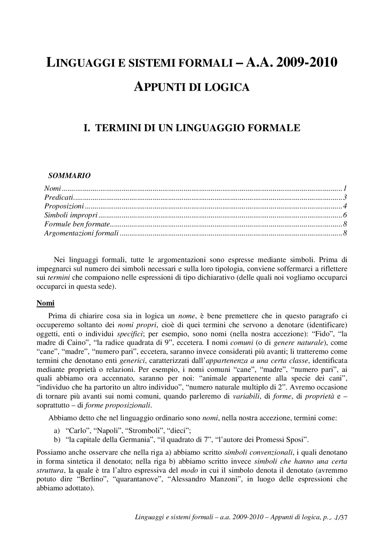 Linguaggi E Sistemi Formali Appunti Di Logica Formale Prof