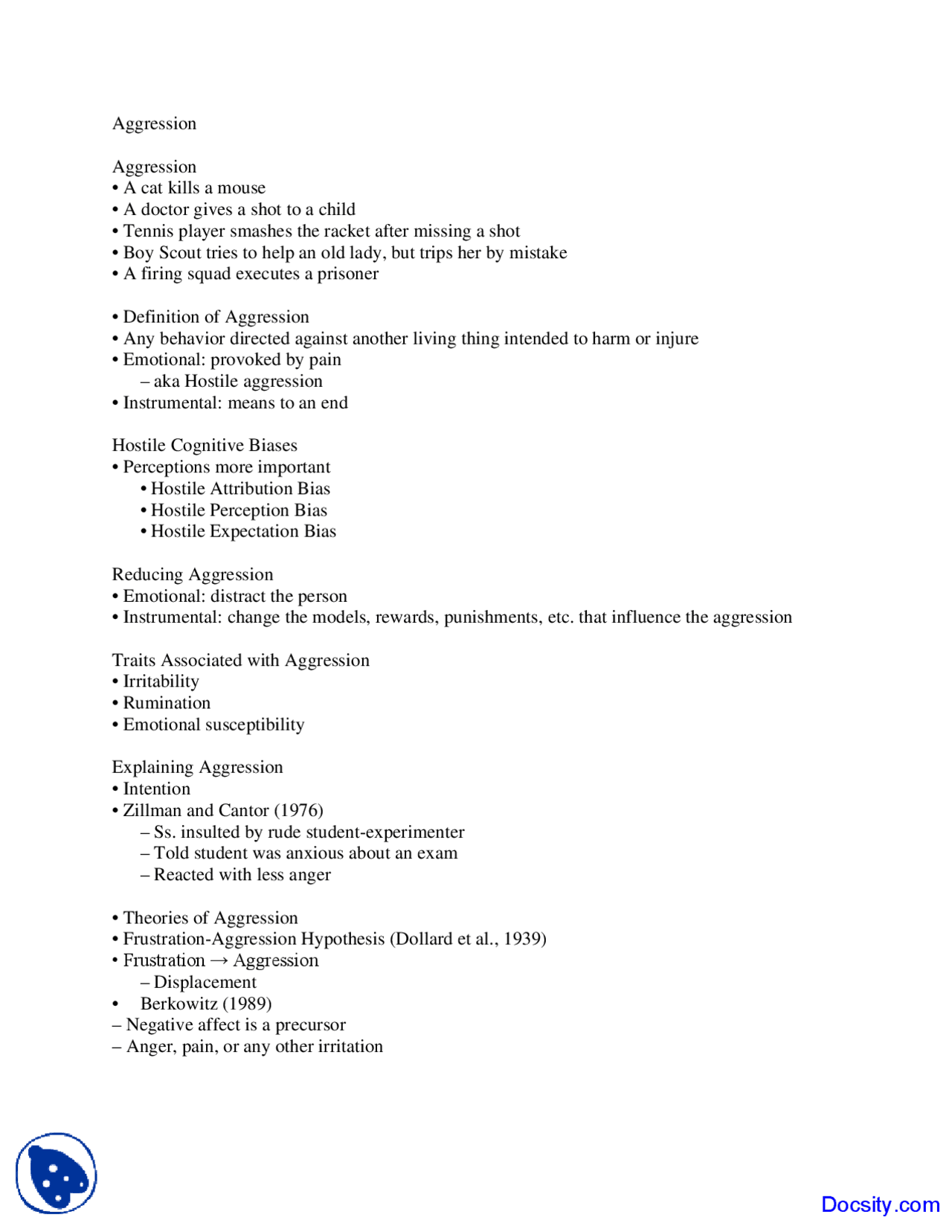 Aggression Social Psychology Lecture Notes Docsity