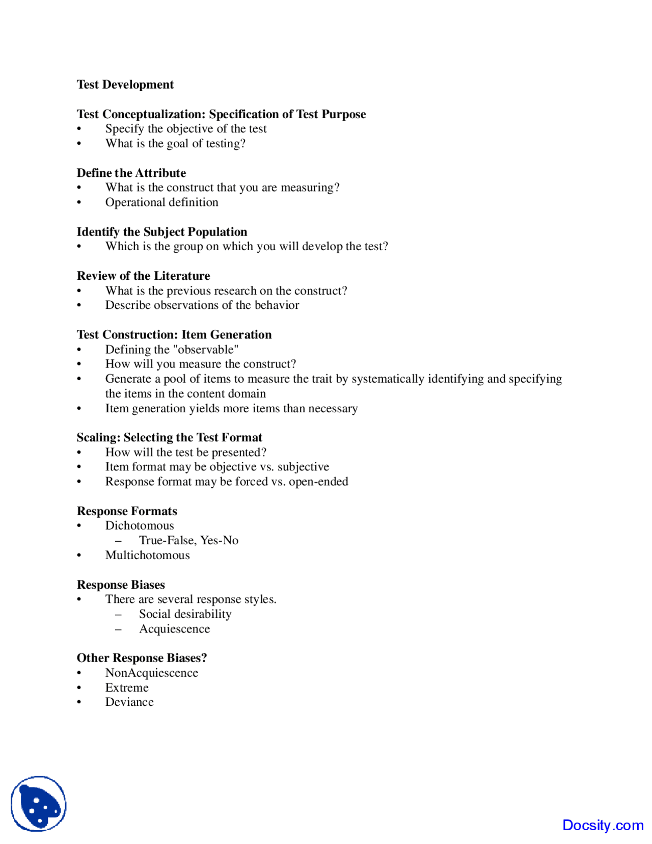 Test Development Tests And Measurements Lecture Notes Docsity